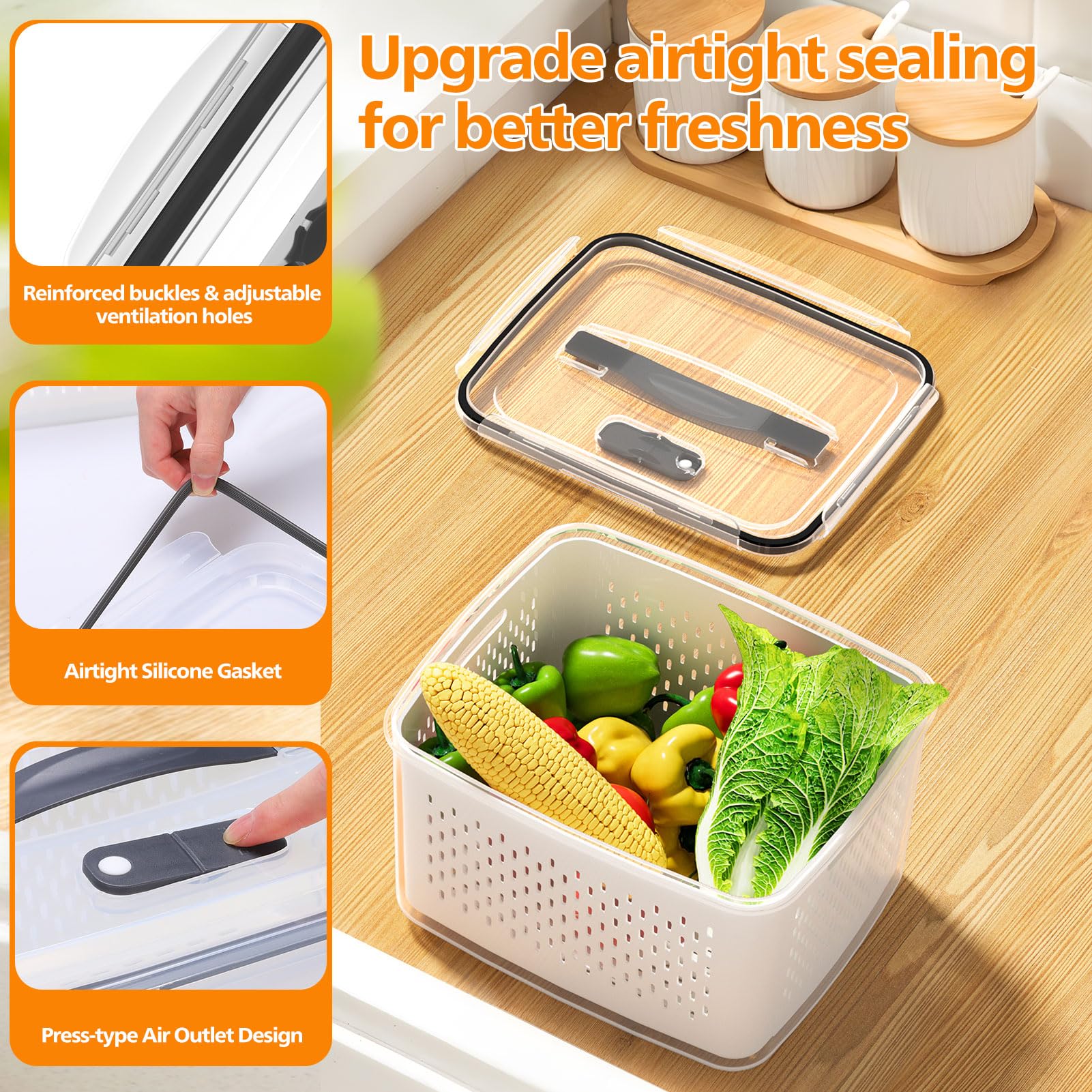 JSCARES 4-Pack Fruit-Storage-Containers for Fridge with Colander, Airtight Food Storage Containers with Lids & Handle, Produce Storage Bins Set for Refrigerator for Salad Berry Lettuce Vegetables Meat