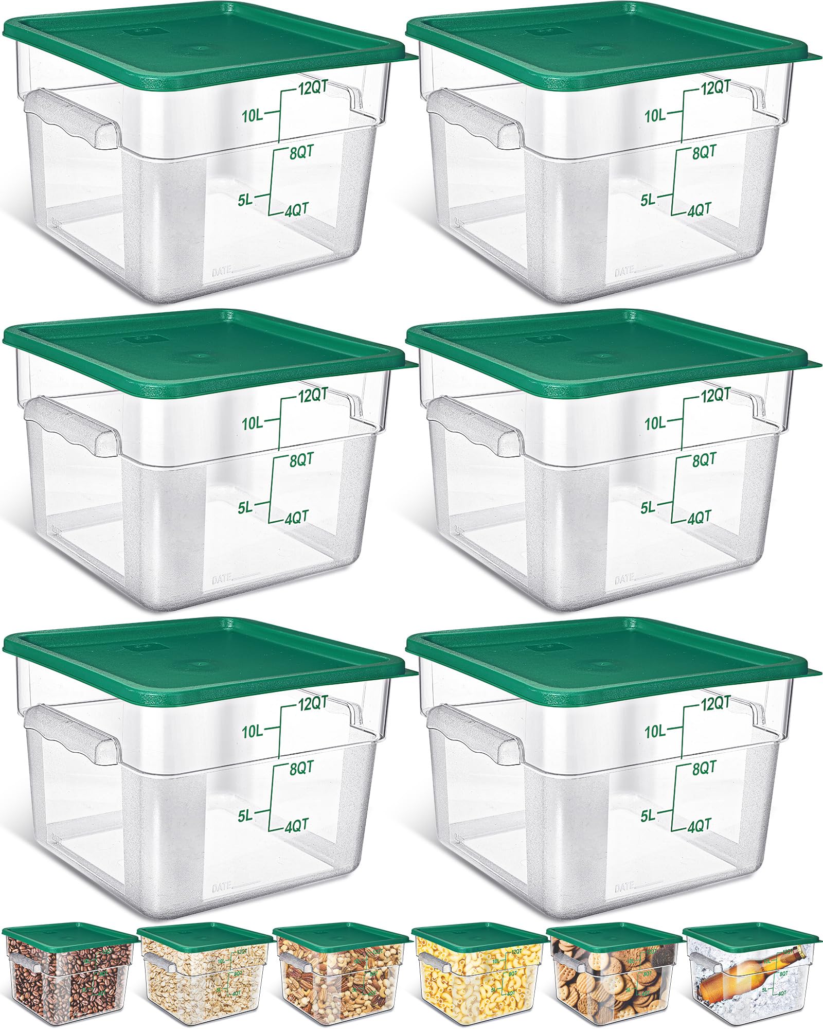 Yungyan 6 Pack 12qt Commercial Food Storage Containers with Lids Square Acrylic Airtight Food Container Clear Cereal Storage Container with Graduation and Handle for Pantry Kitchen Restaurant Freezer
