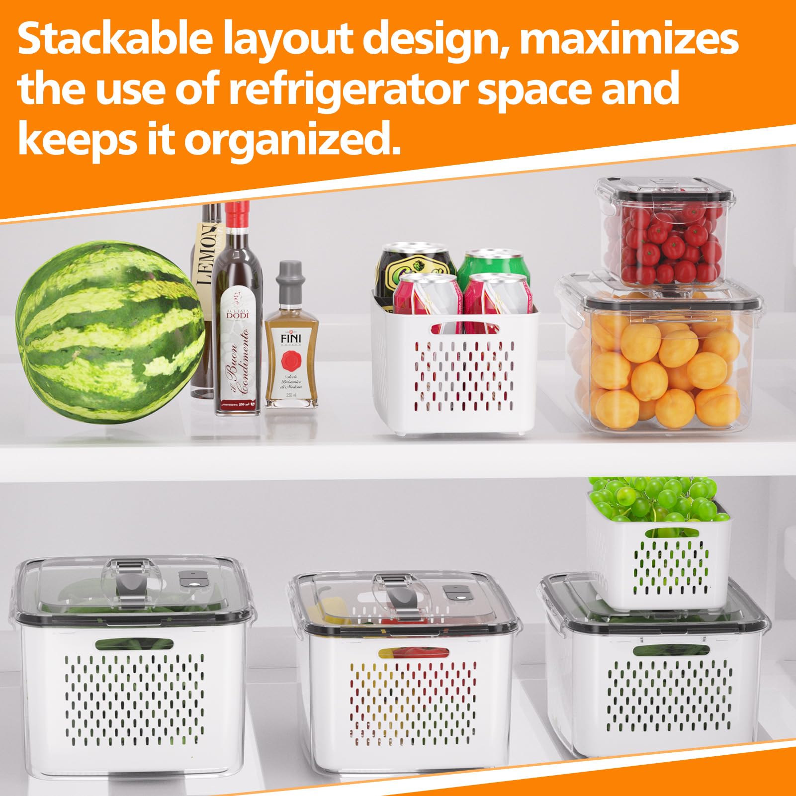 JSCARES 4-Pack Fruit-Storage-Containers for Fridge with Colander, Airtight Food Storage Containers with Lids & Handle, Produce Storage Bins Set for Refrigerator for Salad Berry Lettuce Vegetables Meat