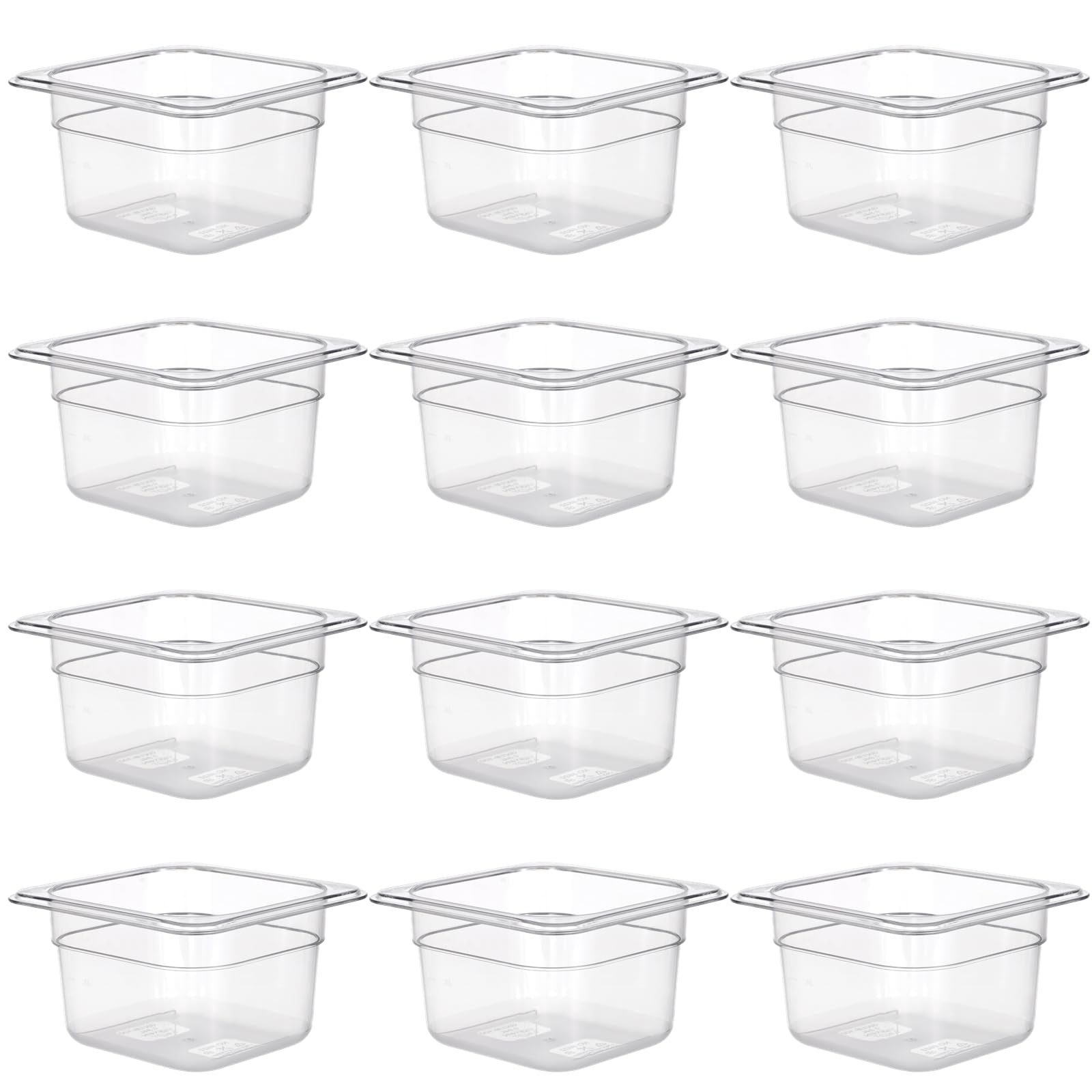 Lnrueg 12 PCS Plastic Clear Food Pans with Non-slip Bottom, 1/6 Size 4 Inch Deep Stackable Acrylic Deep Food Storage Pan for Fruits, Vegetables, Desserts,6.9''x6.3''x4''