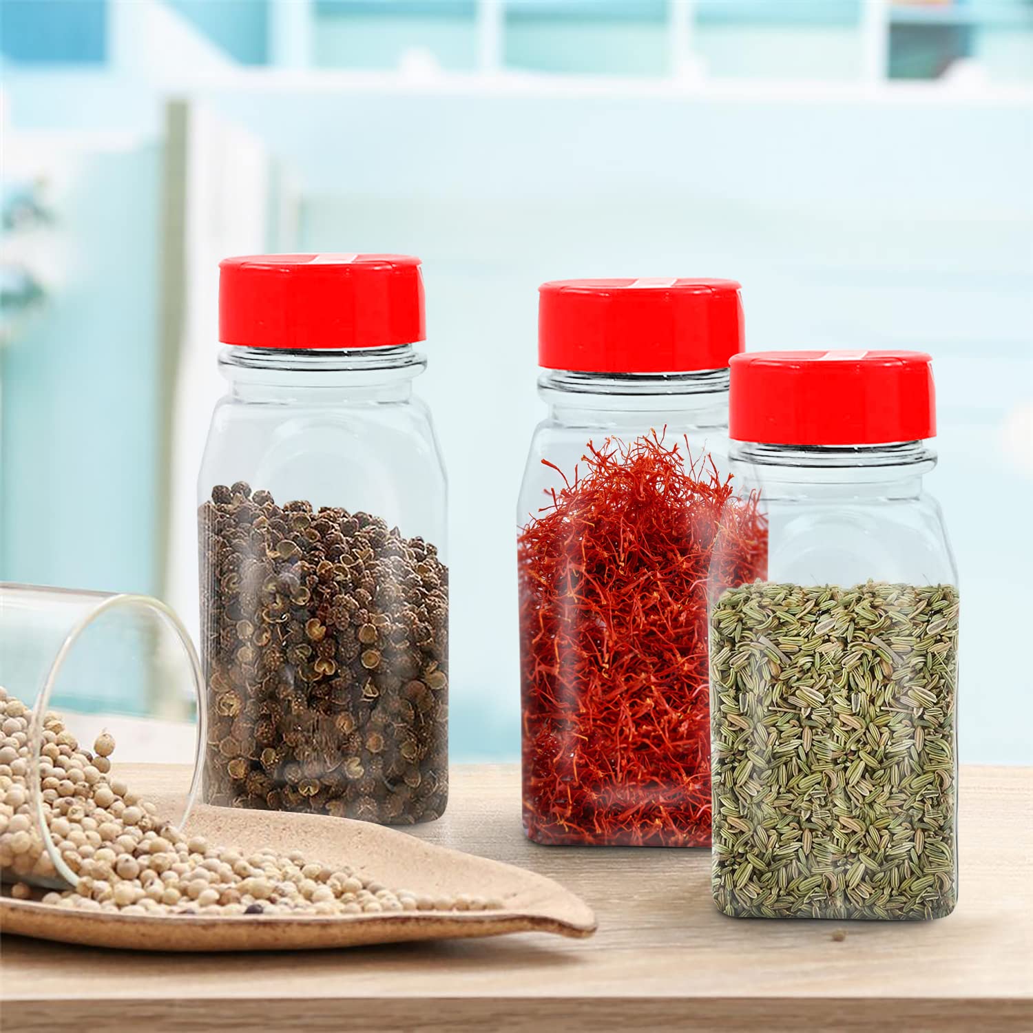 RoyalHouse - 12 PACK - 9.5 Oz with Red Cap - Plastic Jars Bottles Containers - Perfect for Storing Spice, Herbs and Powders - Lined Cap - Safe Plastic - PET - BPA free - Made in USA