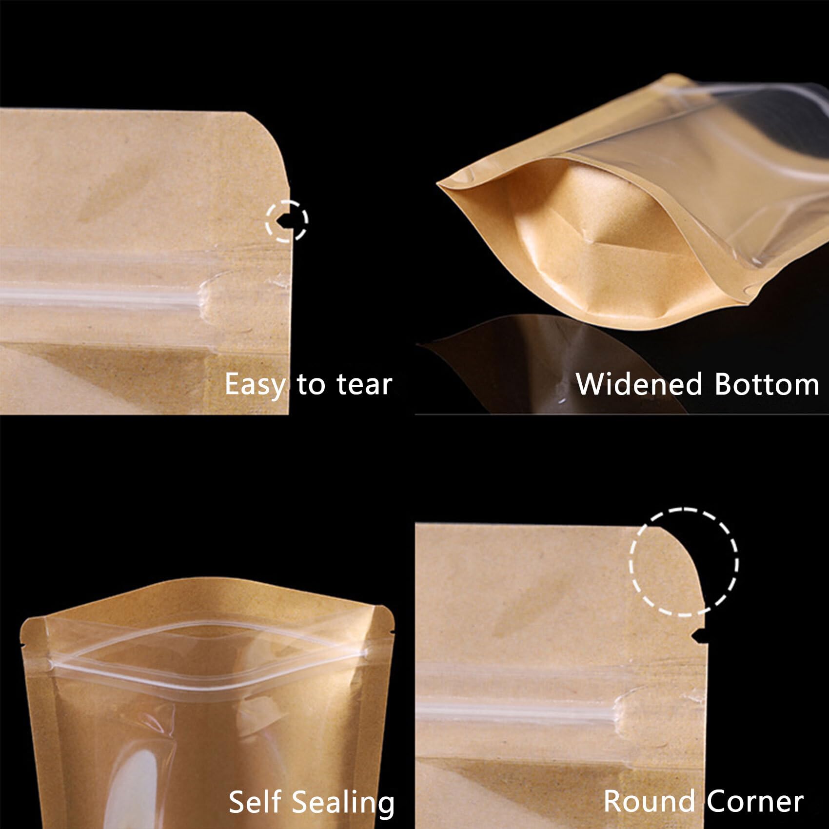 50pcs Kraft Bags With Window Clear Fornt Pouches Resealable Stand Up Zip Lock Food Storage Bags Brown 10"x14"