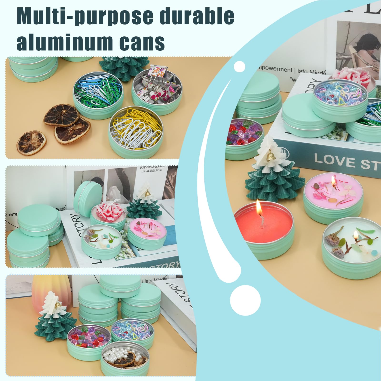 LIYAR 2 oz Tins with Lids for Salve 48 Pack Salve Tins 2oz Tins Container Round Cosmetic Tin Jars Ideal Candle Jars Aluminum Tin Cans with Screw Lids for Powder, Spice,Salve,Candles(Mint Green)