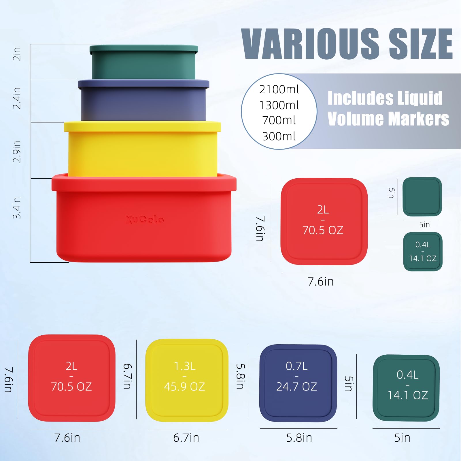 XuCeLo Silicone Food Storage Containers with Lids Set 4 Sizes and Silicone Containers,For Freezing, Bento Boxes, Snack Boxes,Freezer preservation Leak Proof
