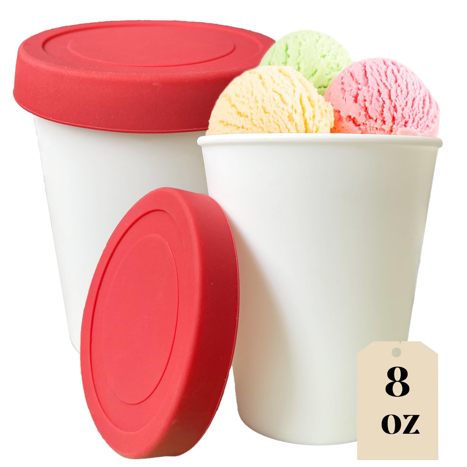 CasaVibe Ice Cream Containers for Homemade Ice Cream (2 Pcs) - Reusable Ice Cream Storage Containers for Freezer - Leak-Free Ice Cream Containers with Lids (Silicone), Red