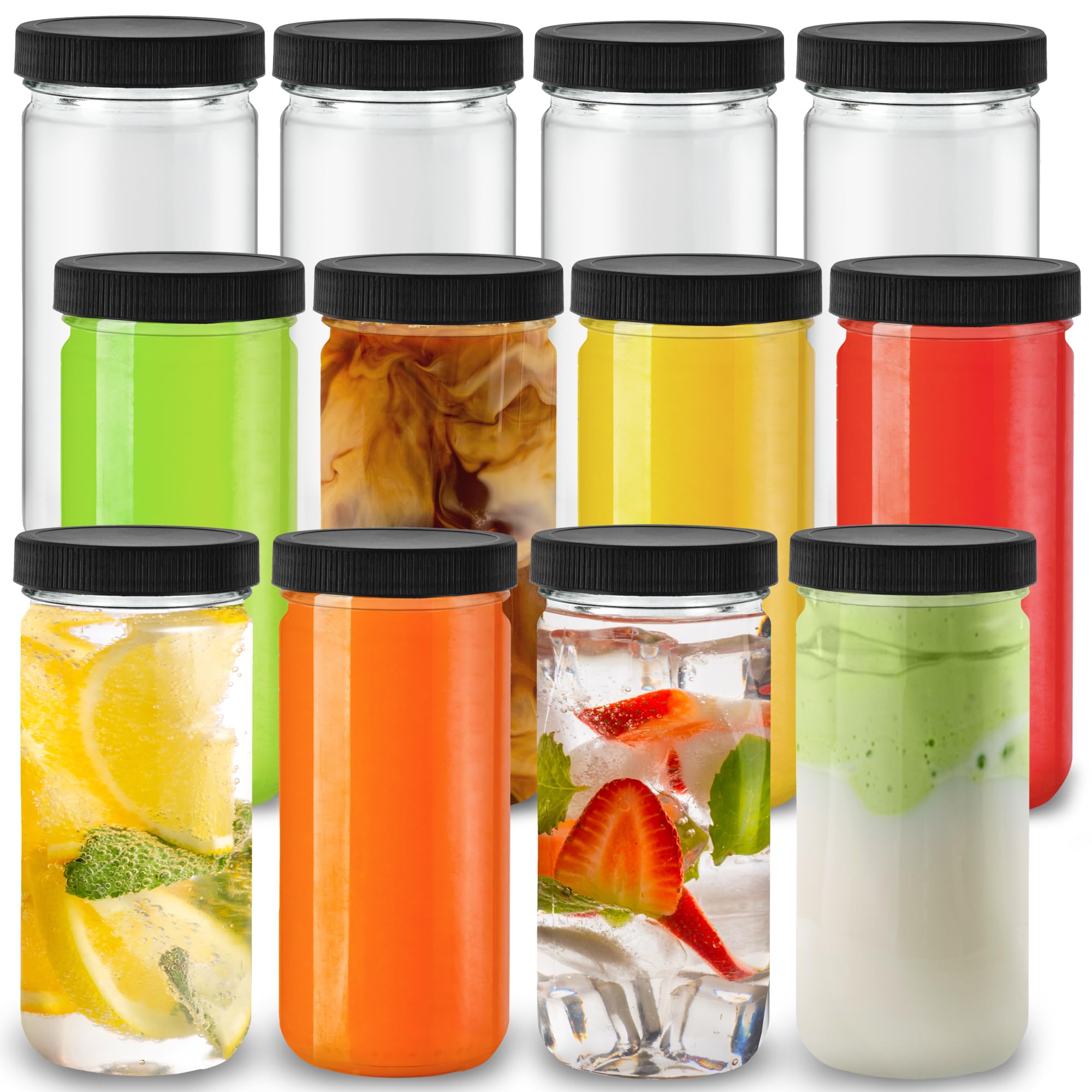 DilaBee 12-Pack Glass Juice Bottles with Lids - 8oz Glass Bottles with Lids for Smoothie, Water, Milk & Kombucha - Small Glass Bottles for Juicing - Round Glass Water Bottles with Caps BPA Free