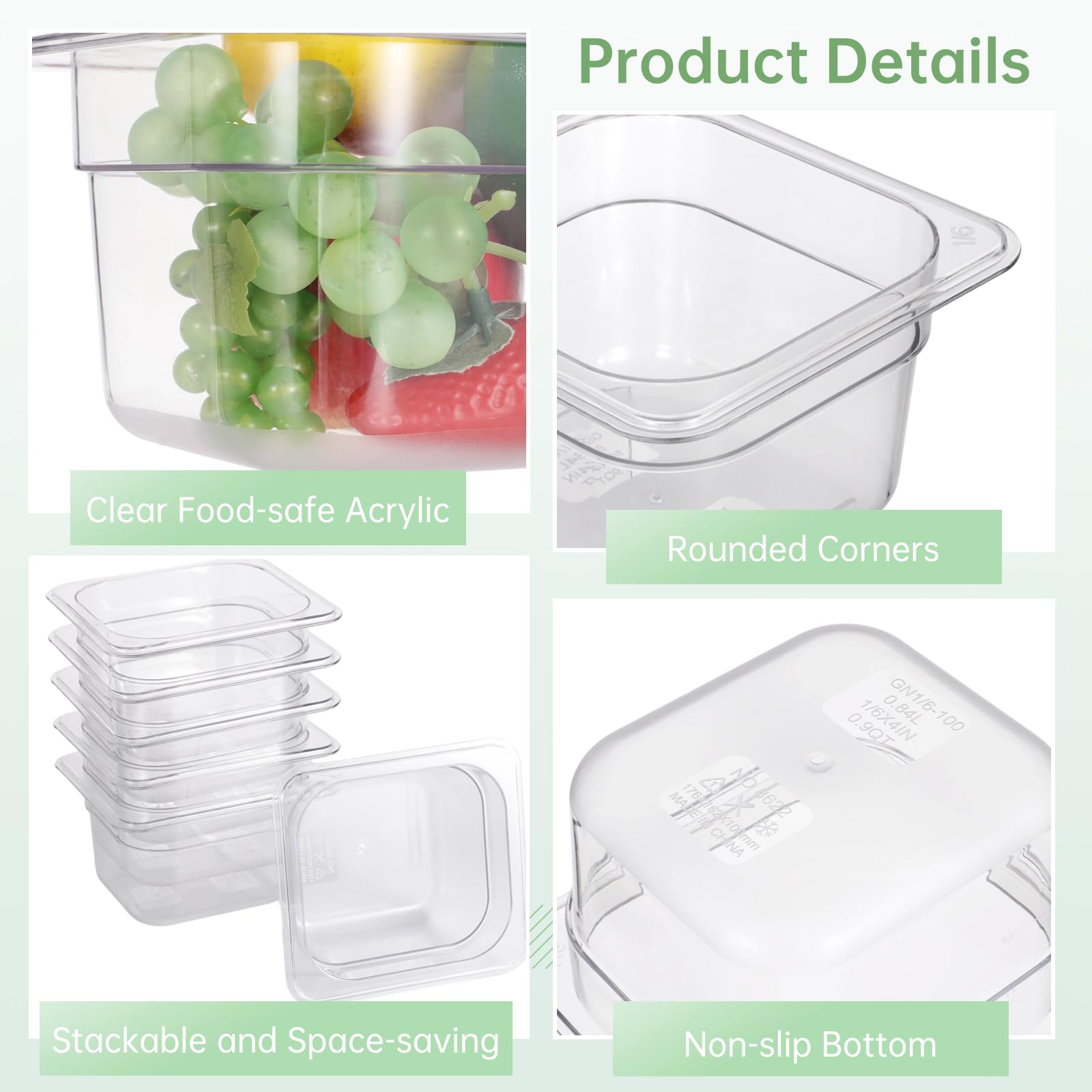 Lnrueg 12 PCS Plastic Clear Food Pans with Non-slip Bottom, 1/6 Size 4 Inch Deep Stackable Acrylic Deep Food Storage Pan for Fruits, Vegetables, Desserts,6.9''x6.3''x4''