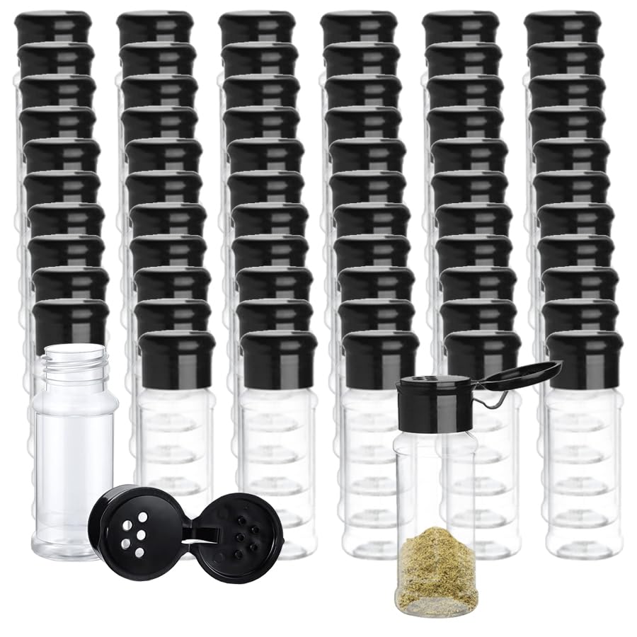 Voittozege 50 Pcs Spice Jars with Shaker Lids 3.3 oz/100 ml Plastic Spice Bottles Spice Containers Jars Seasoning Shaker for Storing Spice, Herbs and Seasoning Powders (Black Lid)