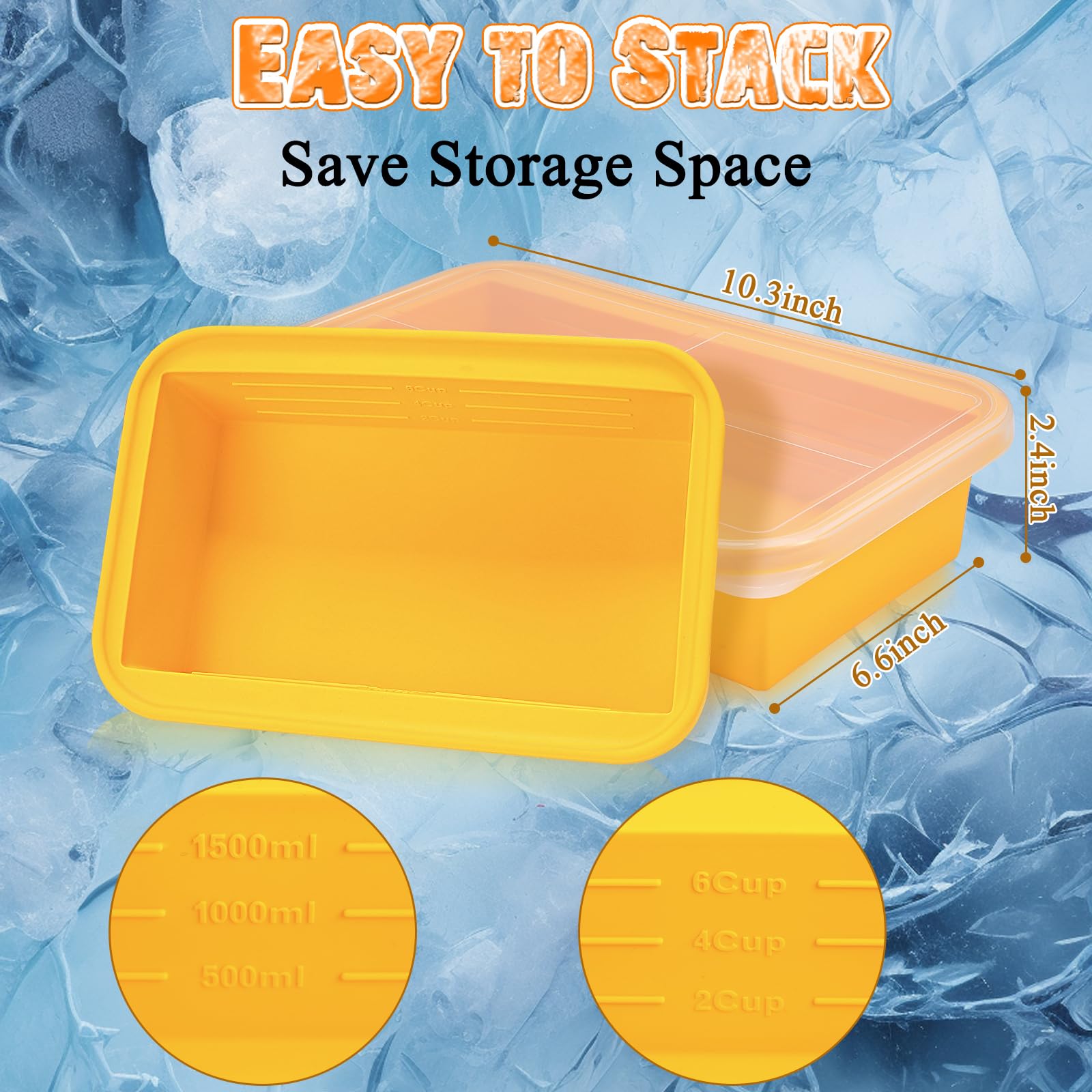 Maxcheck 2 Pcs Large Ice Block Molds 6 Cup Silicone Ice Cube Tray Freezer Containers Molds with Lids and Measurement Lines Silicone Food Storage for Freezing Soup, Stews, Dips or Sauces(Orange)