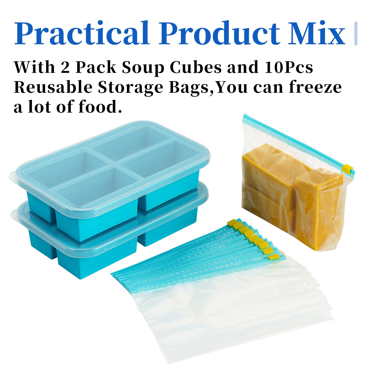 NICITY 1-Cup Soup Cubes Freezer Tray with Lid,Large Silicone Soup Freezer Molds for Storing and Freezing Soup Sauce Broth Ice Leftovers(2Packs+10Pcs Reusable Storage Bags)
