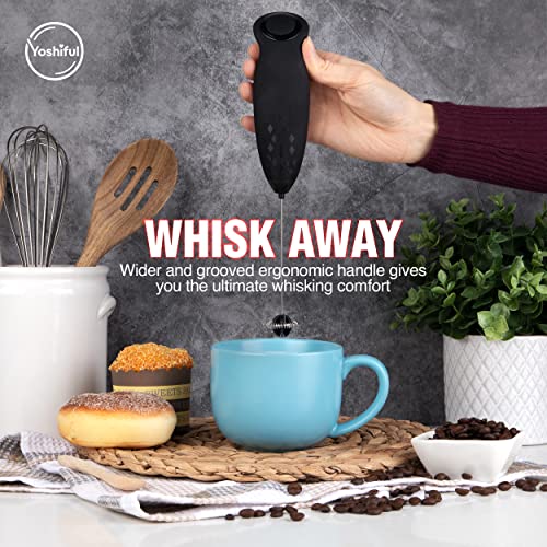 YOSHIFUL Milk Frother with Stand - Advanced Turbine Whisk Electric Coffee Frother with Large Illuminated On/Off Button - Handheld Mini Blender for Lattes, Cappuccinos, Matchas, Powders, Cream - Black