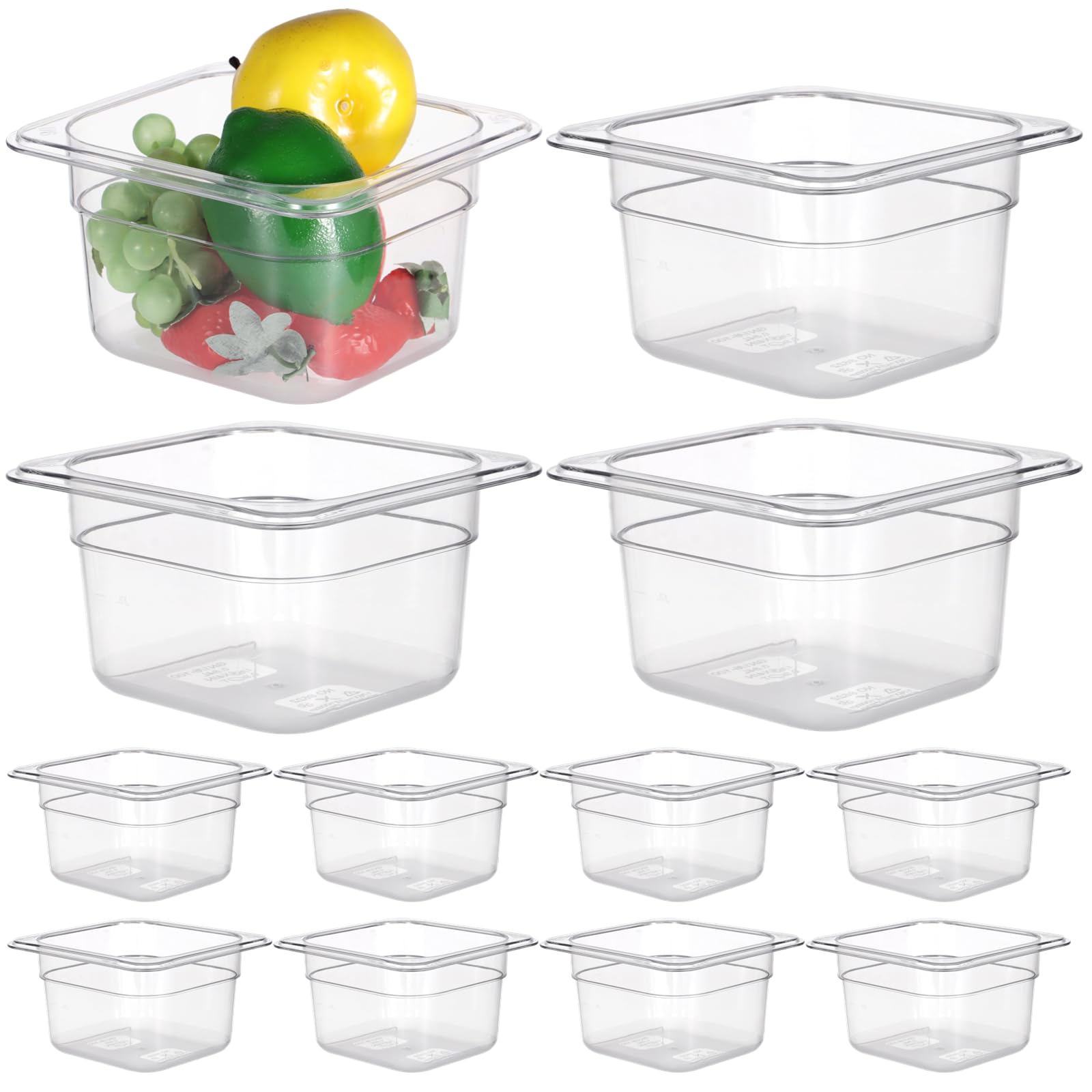 Lnrueg 12 PCS Plastic Clear Food Pans with Non-slip Bottom, 1/6 Size 4 Inch Deep Stackable Acrylic Deep Food Storage Pan for Fruits, Vegetables, Desserts,6.9''x6.3''x4''