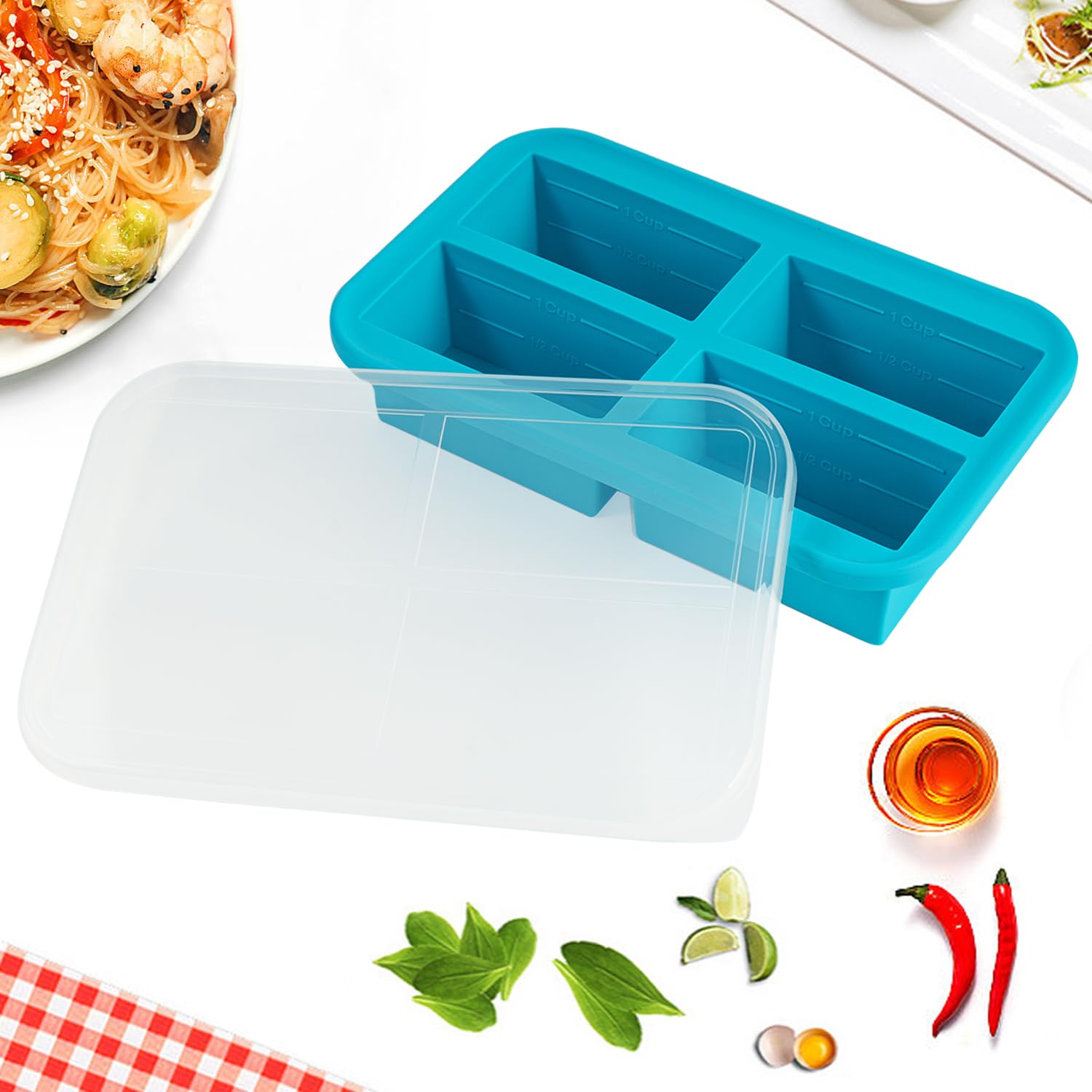 NICITY 1-Cup Soup Cubes Freezer Tray with Lid,Large Silicone Soup Freezer Molds for Storing and Freezing Soup Sauce Broth Ice Leftovers(2Packs+10Pcs Reusable Storage Bags)