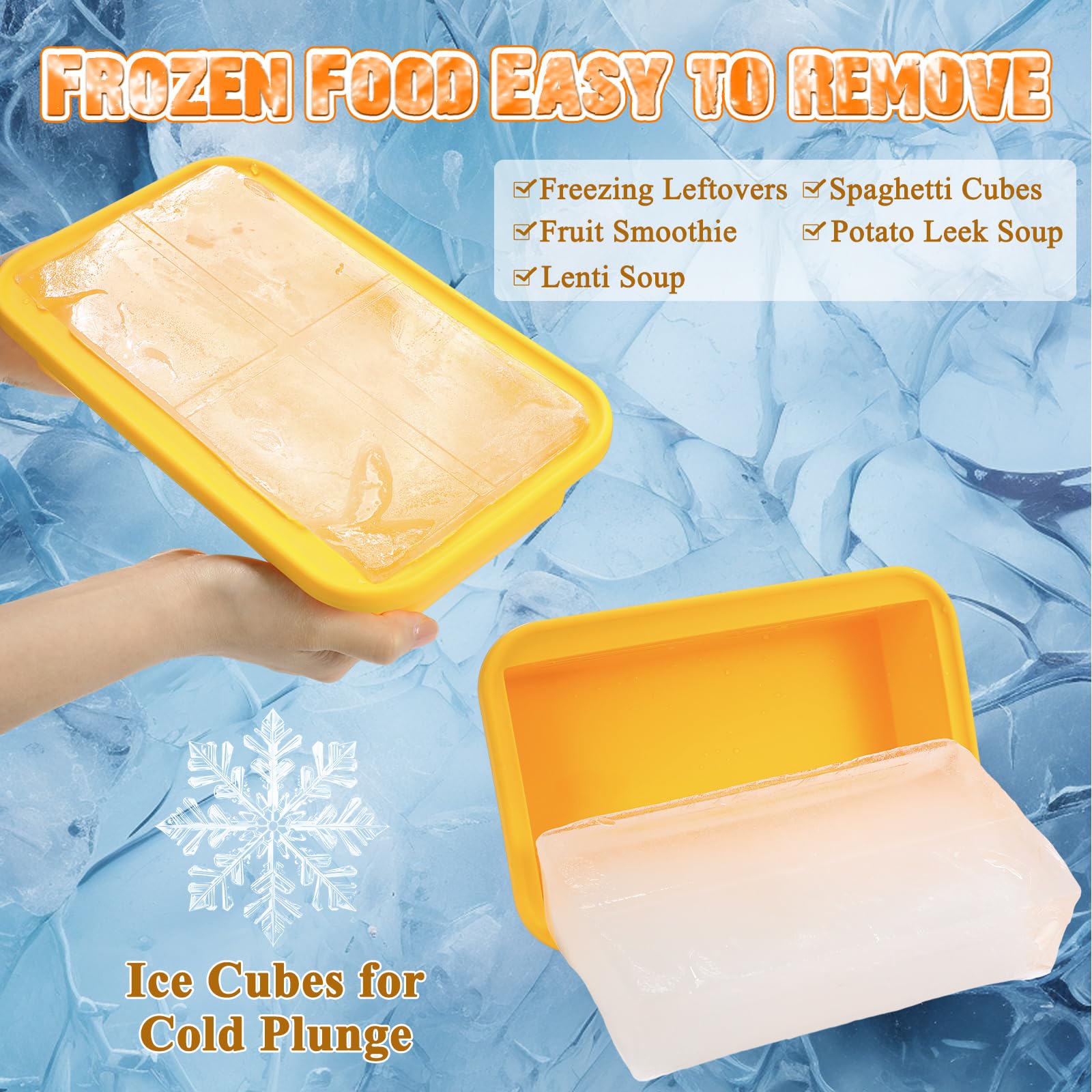 Maxcheck 2 Pcs Large Ice Block Molds 6 Cup Silicone Ice Cube Tray Freezer Containers Molds with Lids and Measurement Lines Silicone Food Storage for Freezing Soup, Stews, Dips or Sauces(Orange)