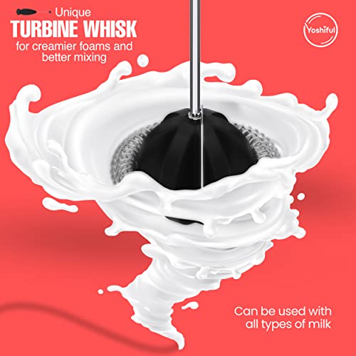 YOSHIFUL Milk Frother with Stand - Advanced Turbine Whisk Electric Coffee Frother with Large Illuminated On/Off Button - Handheld Mini Blender for Lattes, Cappuccinos, Matchas, Powders, Cream - Black