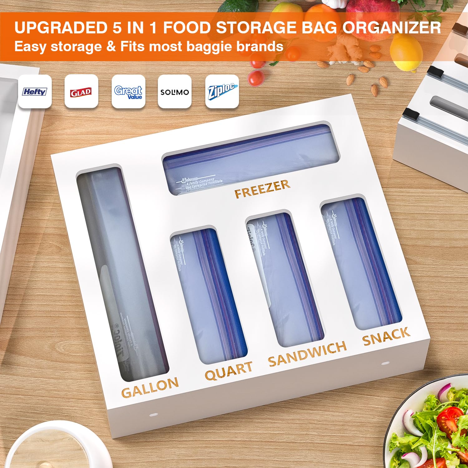 DALSHABET 9 IN1 Bamboo Storage Bag Drawer Organizer with Cutter, Foil and Plastic Wrap Dispenser for Kitchen Storage Compatible with All Brands Gallon, Quart, Sandwich & Snack Size Bags - White