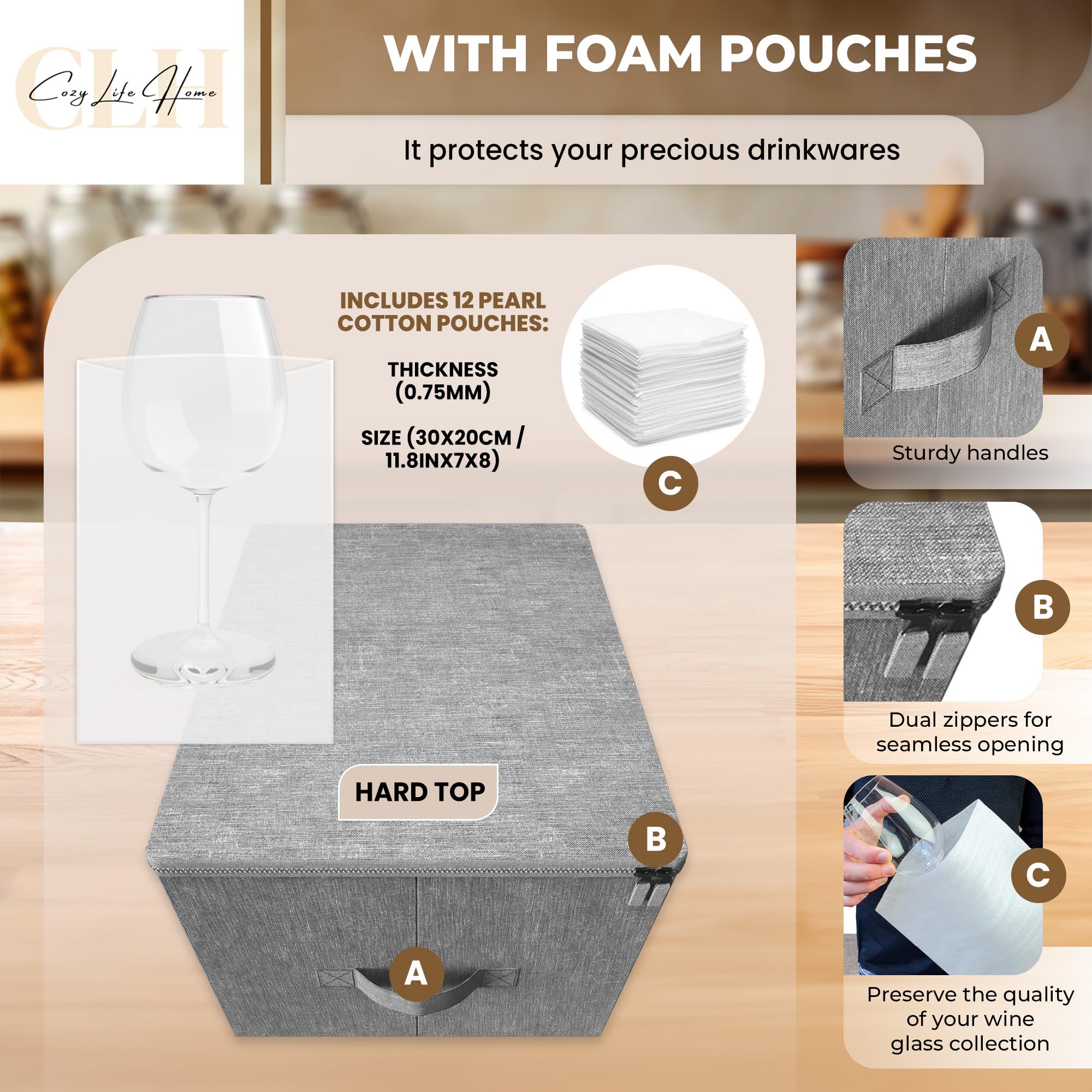CLH Wine Glass Storage and 12 Foam Pouches, China Storage Containers, Hard Case with Dividers, Moving boxes for Glasses Kitchen storage, Stemware Storage Containers, Stackable