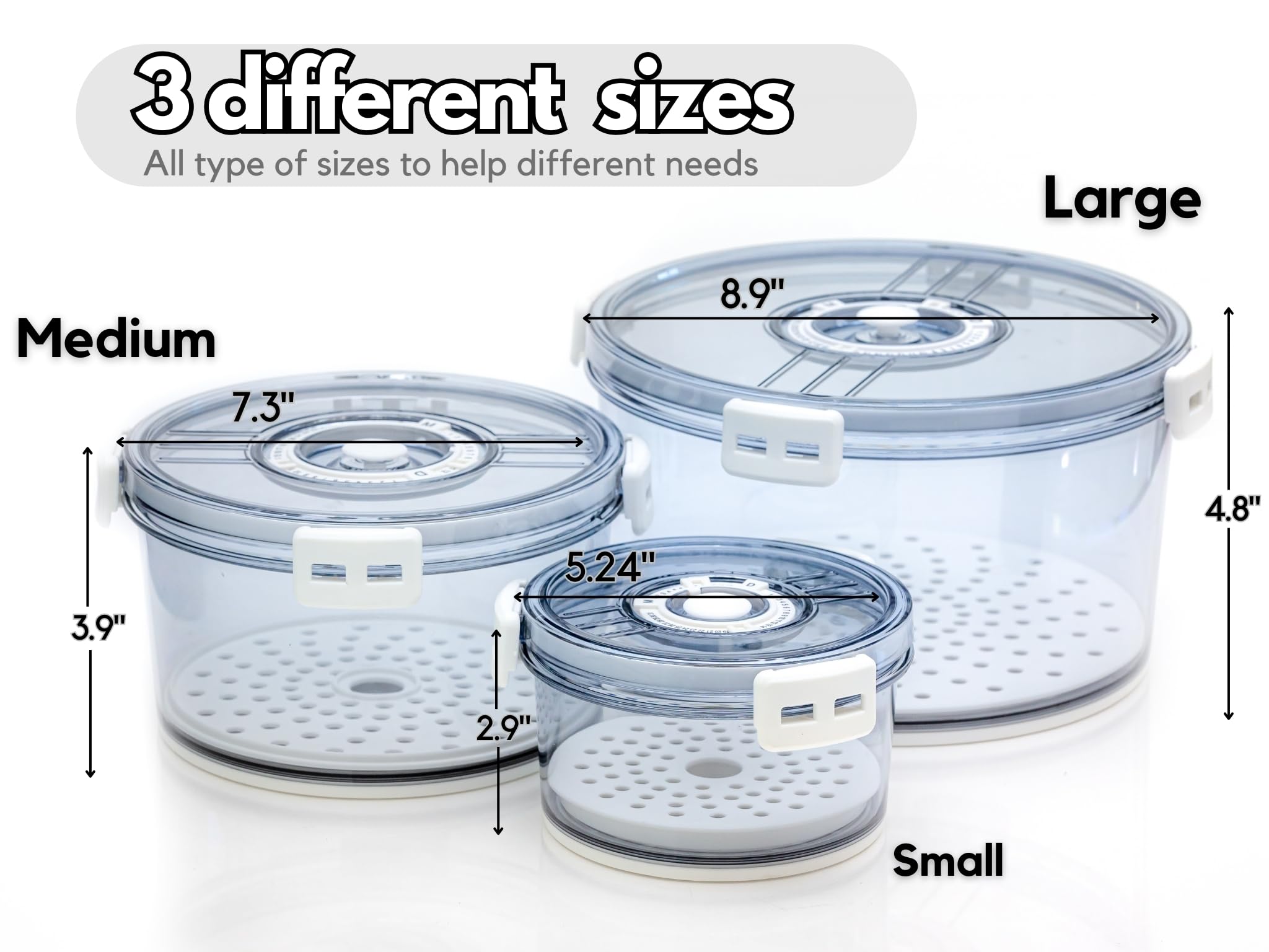 NEBQUINETTI Lettuce Keeper for Refrigerator with Lids 3-Piece Set Date Chronograph Airtight BPA-Free Removable Drain Tray and Air Vents