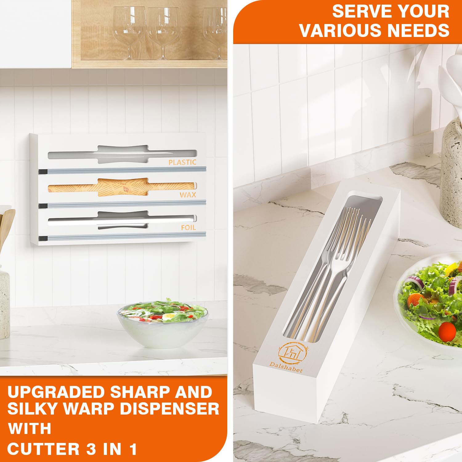 DALSHABET 9 IN1 Bamboo Storage Bag Drawer Organizer with Cutter, Foil and Plastic Wrap Dispenser for Kitchen Storage Compatible with All Brands Gallon, Quart, Sandwich & Snack Size Bags - White