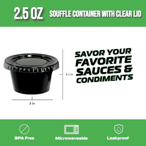 Eco One® 2.5oz Black PET Sauce Cup with Clear Lids - Leak-proof & Eco-friendly Condiment Containers for Takeout and Food Storage, 100 Count