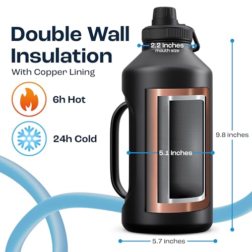 AQUAFIT Insulated Water Bottle 64 oz with Handle - Straw and Chug Lid - Stainless Steel Water Bottles - 64 oz Water Bottle - 64oz Insulated Water Bottle with Straw (64 Ounces, Midnight Black)
