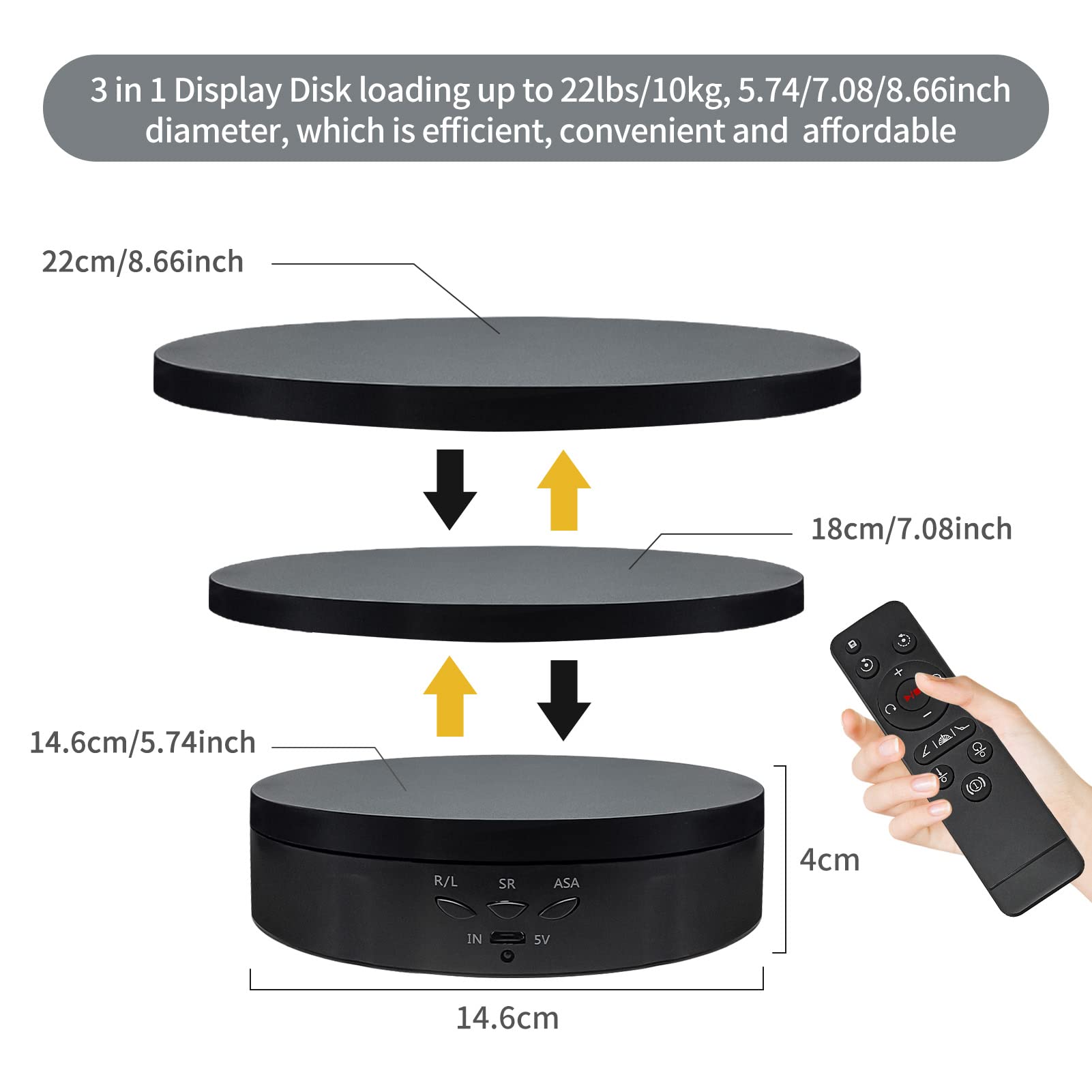 ZLMONDEE Remote Motorized Rotating Display Stand Turntable Motorized Lazy Susan with 5.74/7.08/8.66 inch Replacement Cover for Photography Products and Shows (Black)