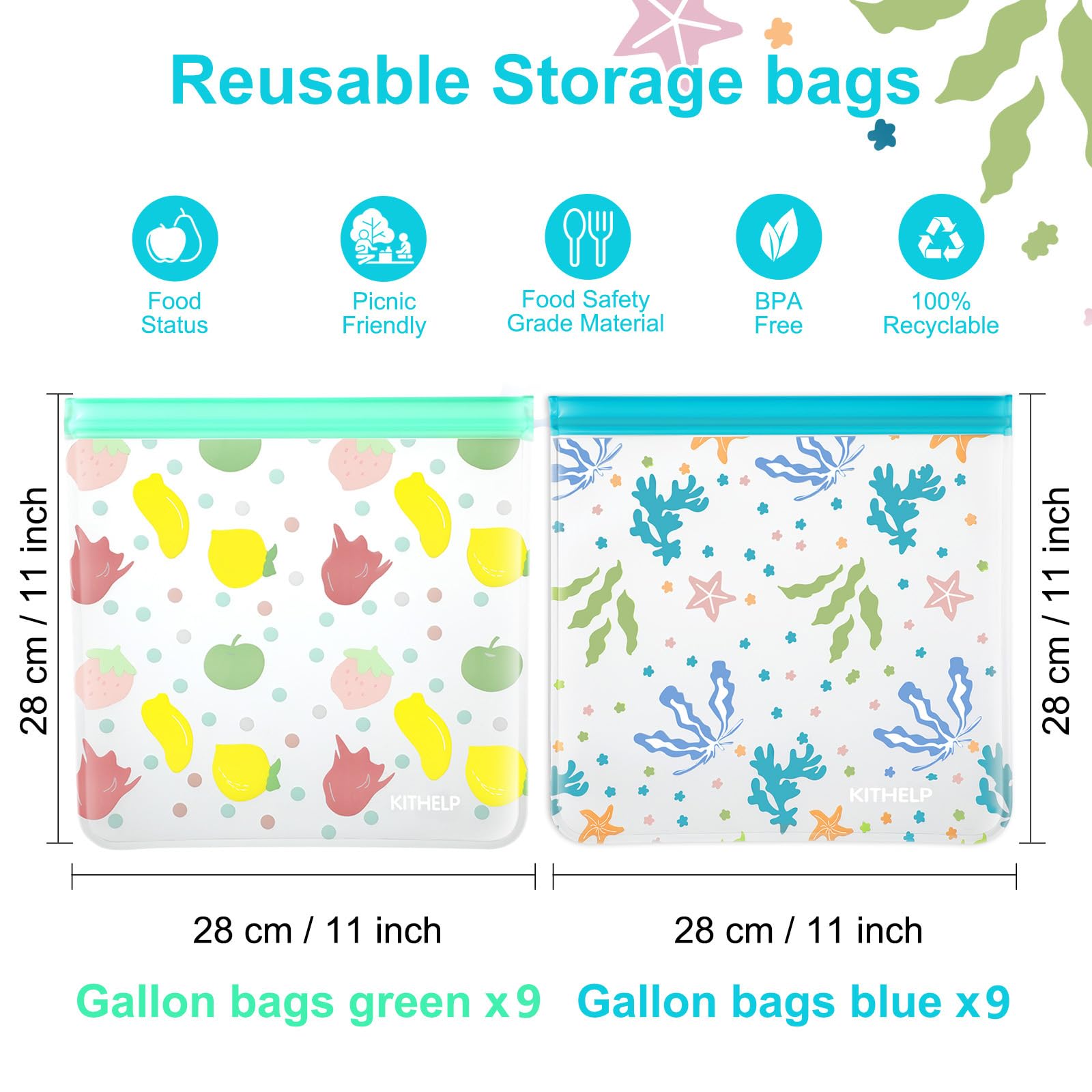 KITHELP 18 Pack Reusable Food Storage Bag, Reusable Freezer Gallon Bags BPA FREE Reusable Snack Bags Leakproof Sandwich Bags for Home Kitchen Organization and Storage Containers
