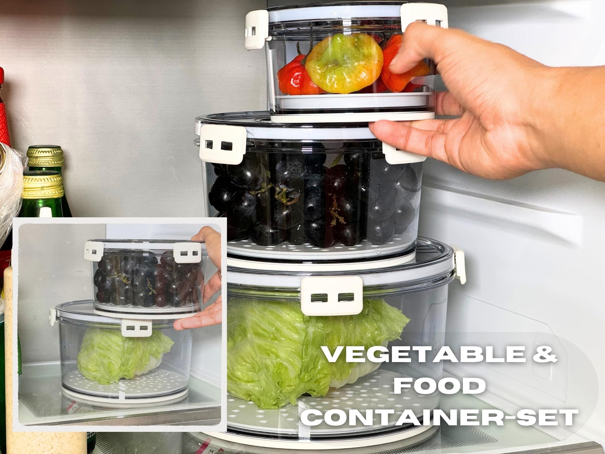 NEBQUINETTI Lettuce Keeper for Refrigerator with Lids 3-Piece Set Date Chronograph Airtight BPA-Free Removable Drain Tray and Air Vents