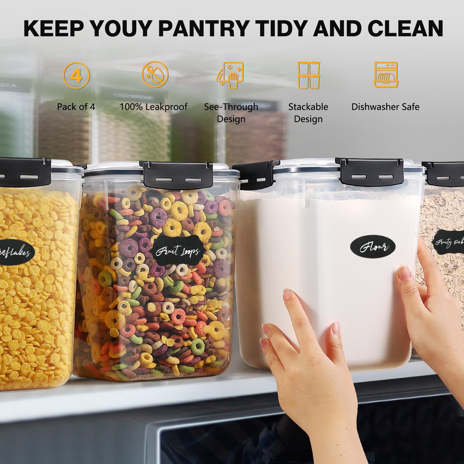 YASHE Large Food Storage Containers with Lids (5.3L/179oz, 4Pack), BPA-Free Airtight Plastic Food Containers, Flour, Sugar, Rice Canisters for Kitchen & Pantry Organization