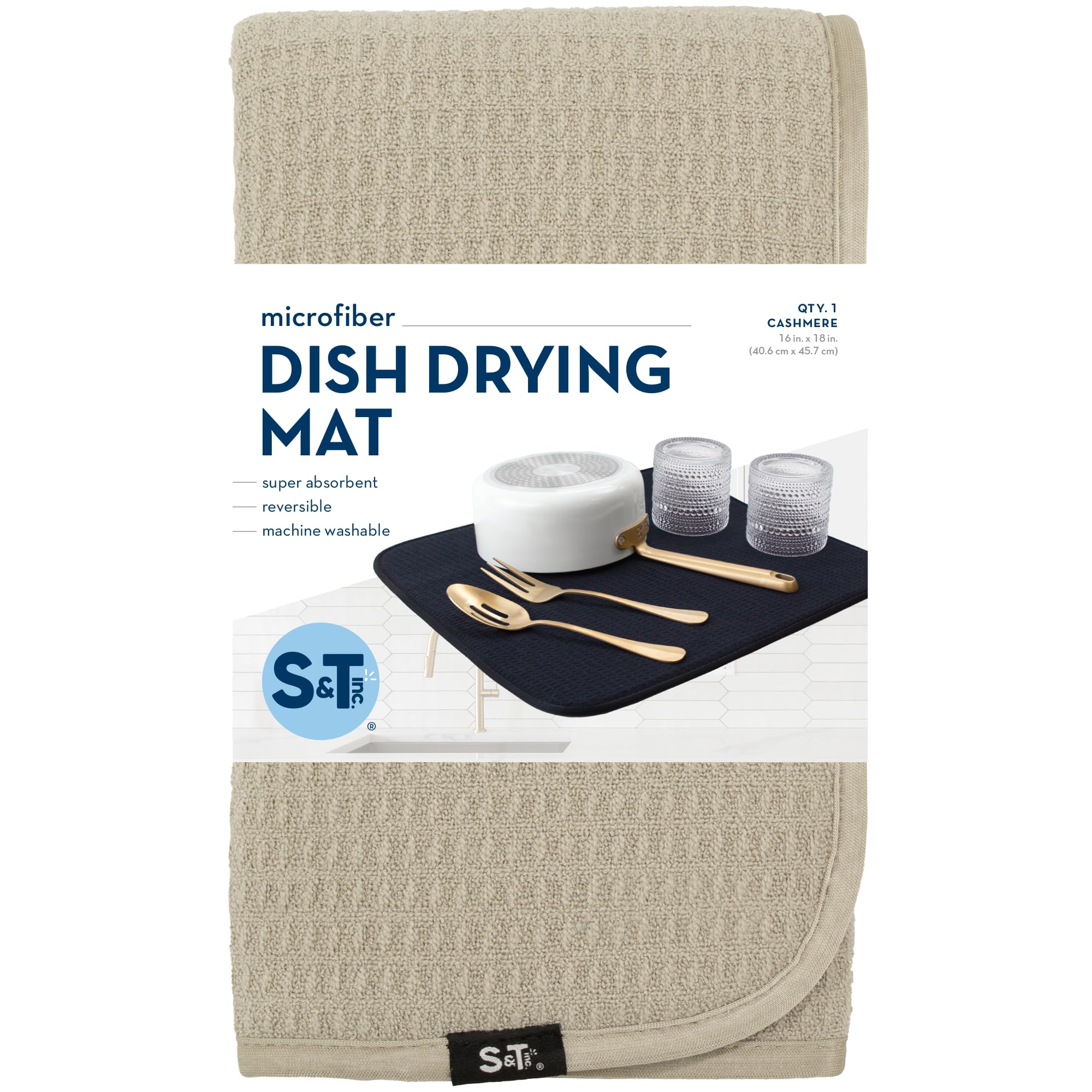 S&T INC. Dish Drying Mat, Highly Absorbent Microfiber Kitchen Counter Mat, Dish Drying Pad for Dishes, Utensils, Pots and Pans, Large 16" x 18", Pure Cashmere