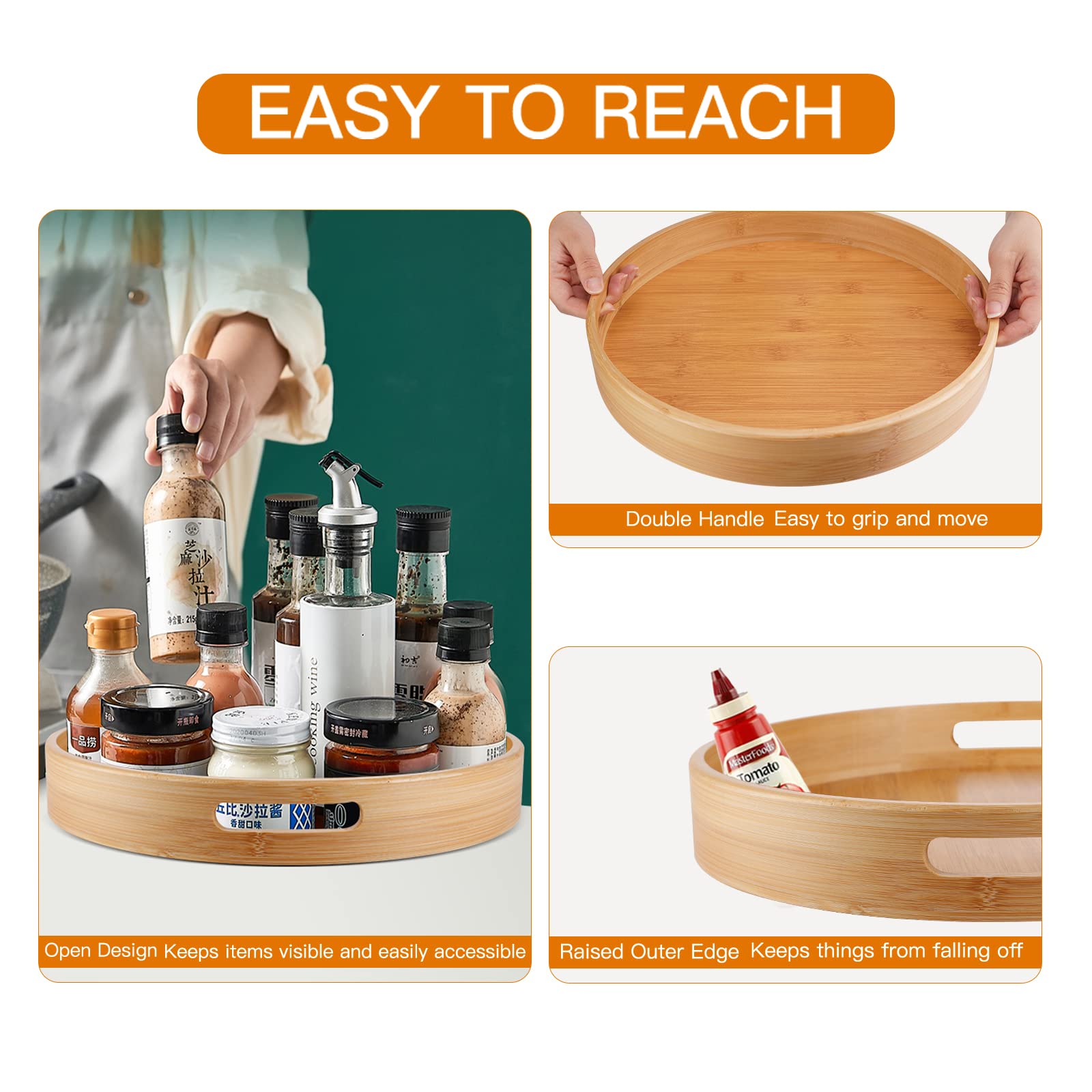 Lazy Susan Organizer 14 inch, Bamboo Lazy Susan for Table, Kitchen Turntable Organizer with Double Handles, Round Wood Rotating Turntable Spice Organizer for Countertop Cabinet or Pantry