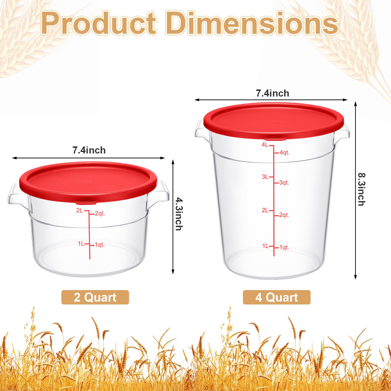 Wenqik 4 Pcs Food Storage Container with Lids Set Proof Dough Round Clear Commercial Containers with Scales and Handles for Bread Dough Rise Home Restaurant Food Storage 2 Qt 4 Qt (Red)