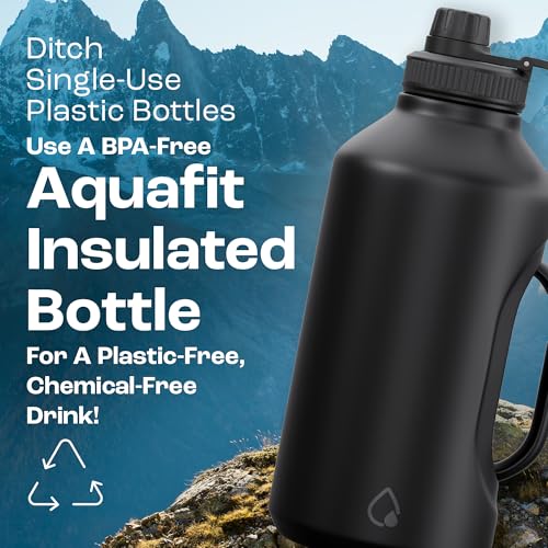 AQUAFIT Insulated Water Bottle 64 oz with Handle - Straw and Chug Lid - Stainless Steel Water Bottles - 64 oz Water Bottle - 64oz Insulated Water Bottle with Straw (64 Ounces, Midnight Black)