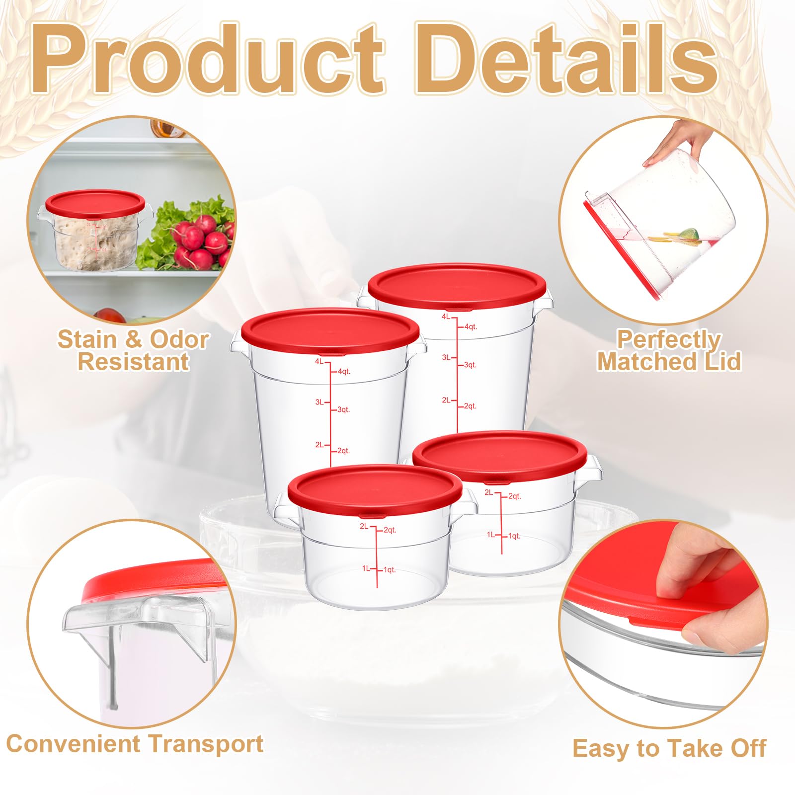 Wenqik 4 Pcs Food Storage Container with Lids Set Proof Dough Round Clear Commercial Containers with Scales and Handles for Bread Dough Rise Home Restaurant Food Storage 2 Qt 4 Qt (Red)