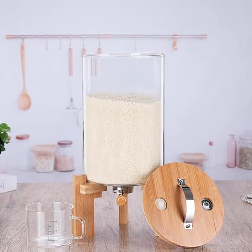 LOVEJO Rice Dispenser Airtight Glass Container with Bamboo Lid, Large Food Storage with Lids for Rice Grains Beans, Sugar Flour Container 20 lbs, Kitchen Countertop Cereal Cup Organizer 5L