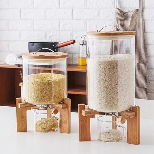 LOVEJO Rice Dispenser Airtight Glass Container with Bamboo Lid, Large Food Storage with Lids for Rice Grains Beans, Sugar Flour Container 20 lbs, Kitchen Countertop Cereal Cup Organizer 5L