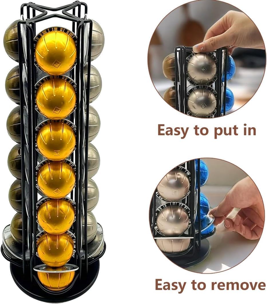 Miuly Coffee Capsule Holder For Nespresso Vertuoline, Coffee Capsule Stands Rotating Pod Rack holds 28 Nespresso Vertuo Pods, Black