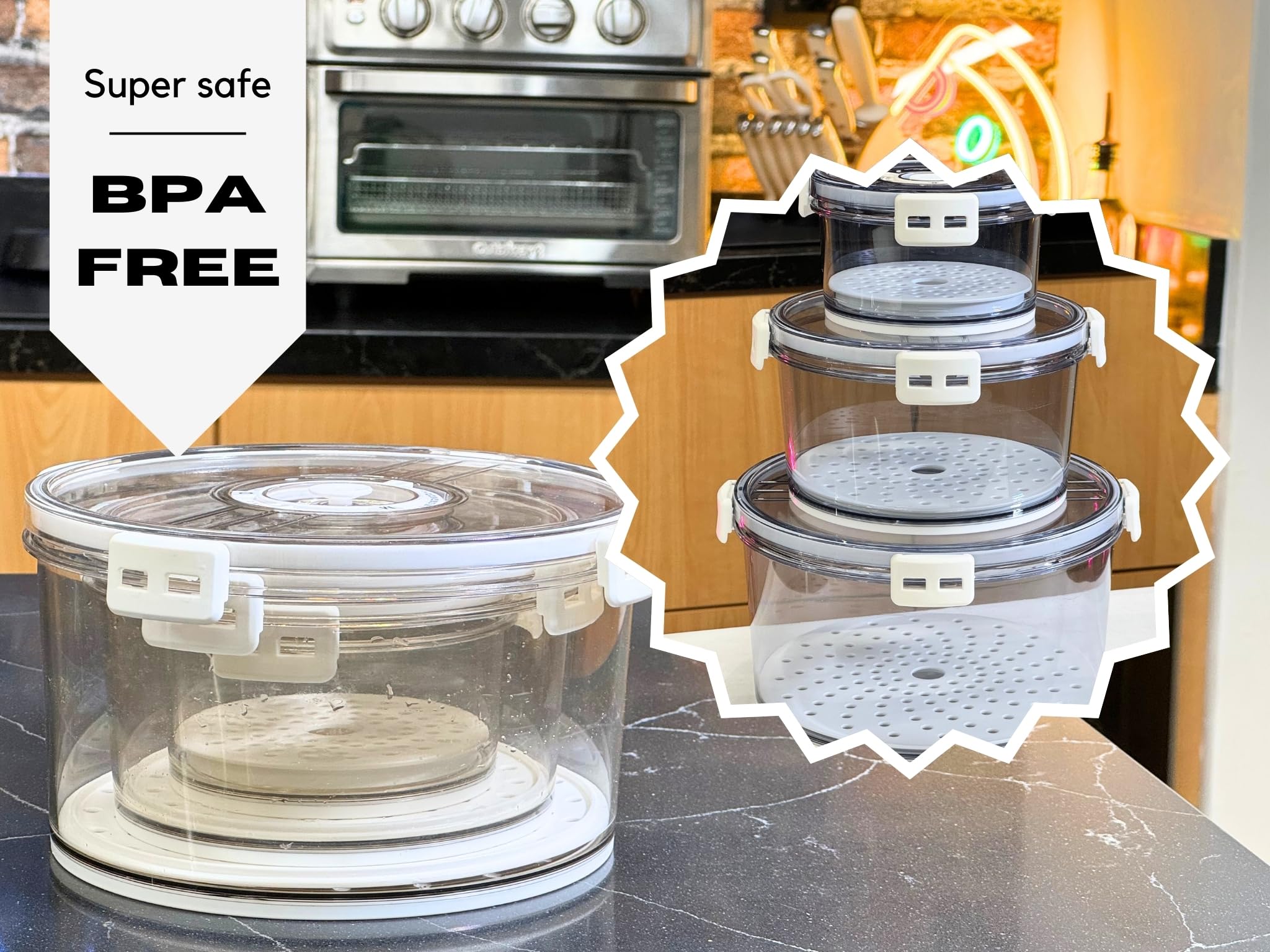 NEBQUINETTI Lettuce Keeper for Refrigerator with Lids 3-Piece Set Date Chronograph Airtight BPA-Free Removable Drain Tray and Air Vents