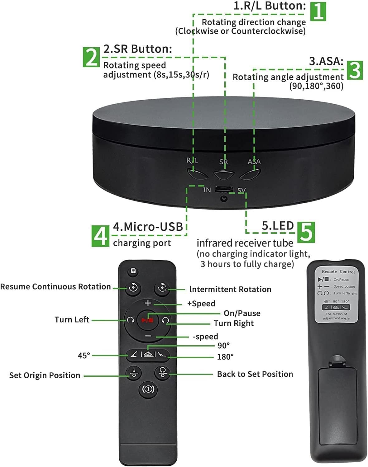 ZLMONDEE Remote Motorized Rotating Display Stand Turntable Motorized Lazy Susan with 5.74/7.08/8.66 inch Replacement Cover for Photography Products and Shows (Black)