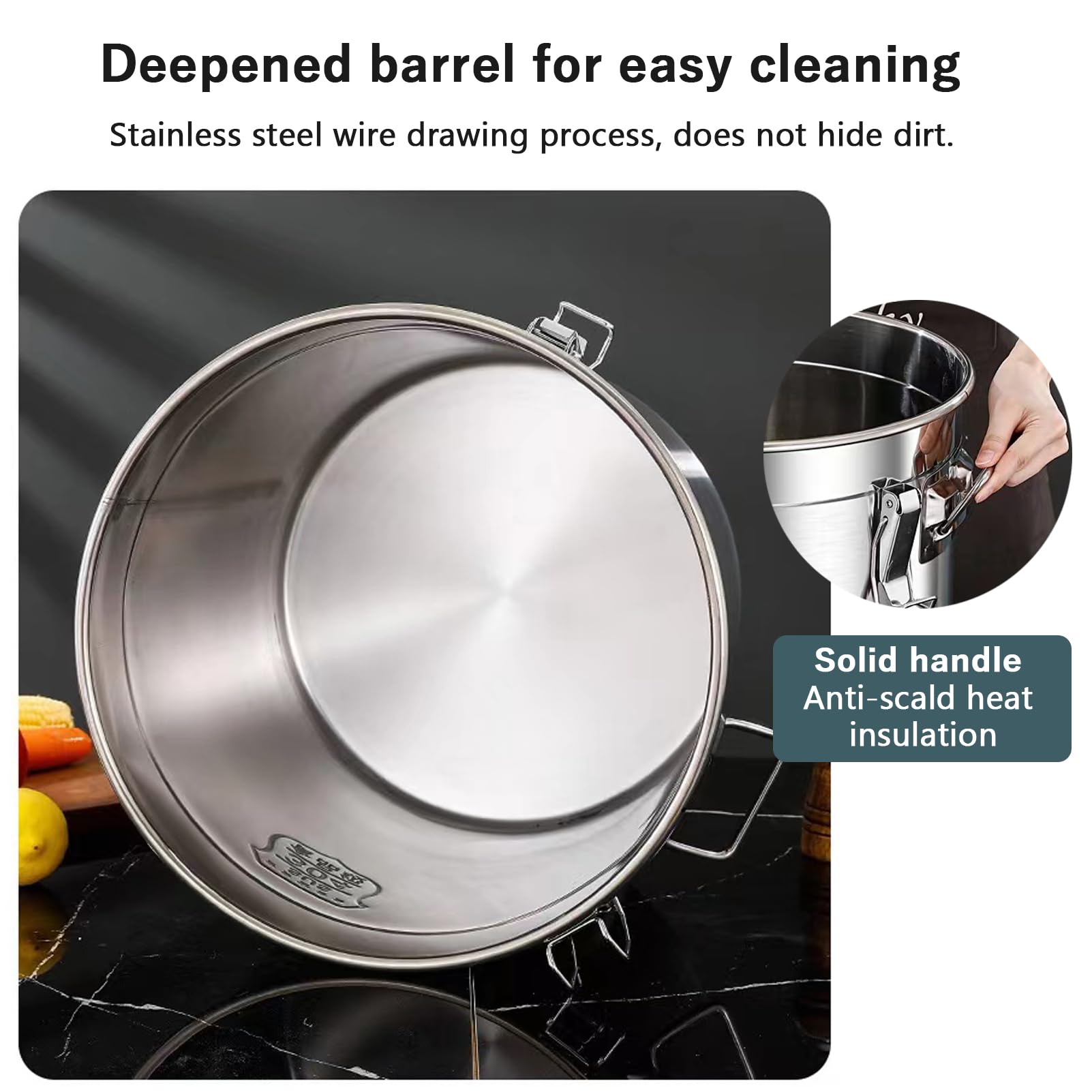 TRAGLO Stainless Steel Cereal Container with Lid and Handles Round Rice Bin Airtight Food Storage Bucket for Home Kitchen Counter 12L