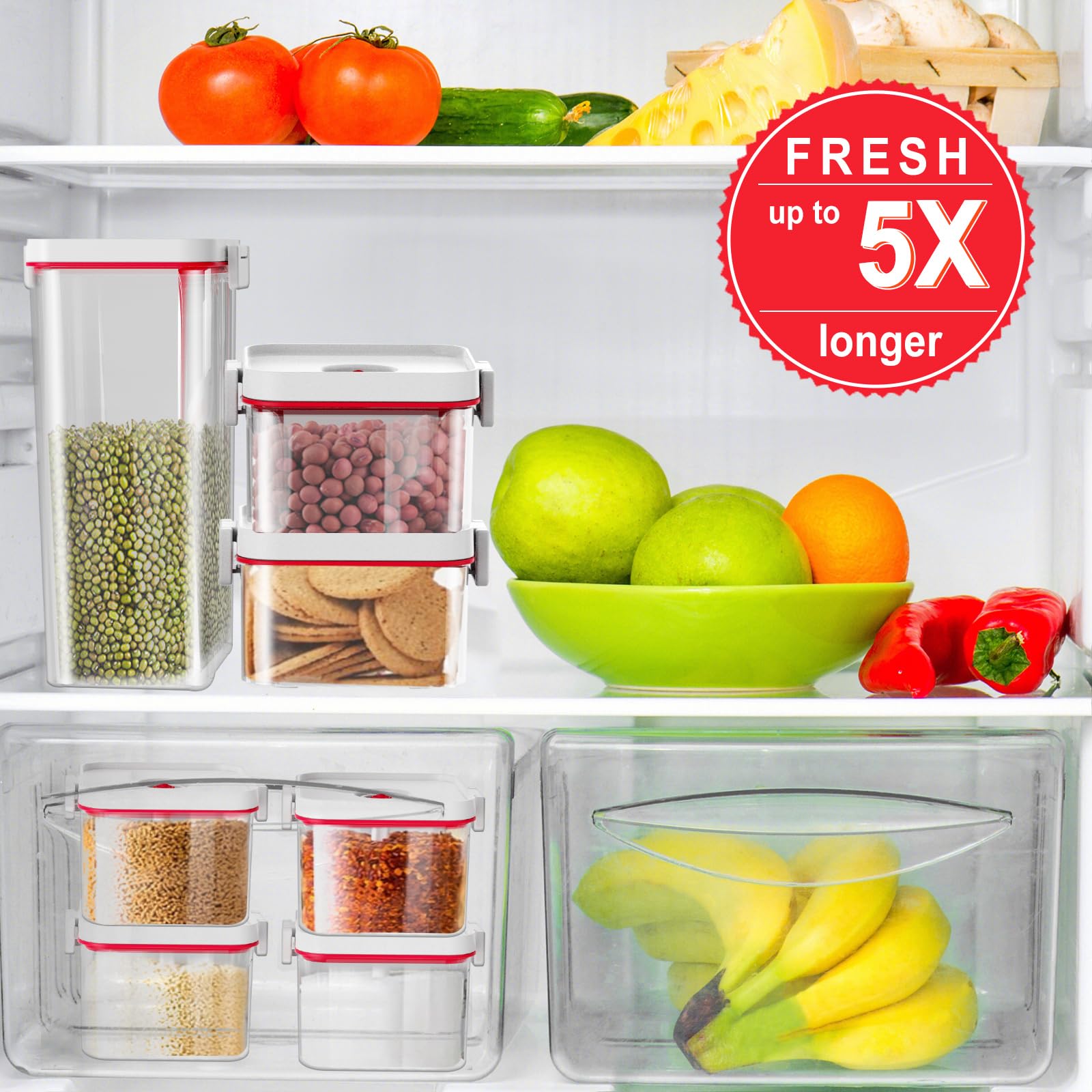 CrazyQueen Food Storage Containers with Lids, Vacuum Seal Containers for Food Storage, 5PCS Containers with 9PCS Vacuum Storage Bags & 2PCS Wine Stoppers for Cereal Bread Rice Kitchen Pantry