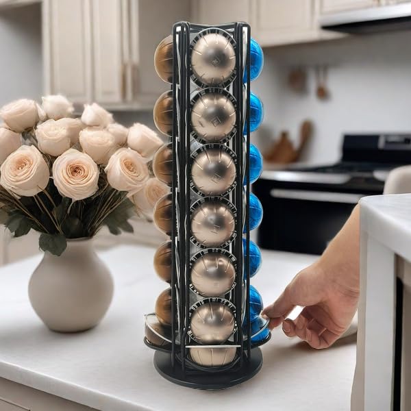Miuly Coffee Capsule Holder For Nespresso Vertuoline, Coffee Capsule Stands Rotating Pod Rack holds 28 Nespresso Vertuo Pods, Black