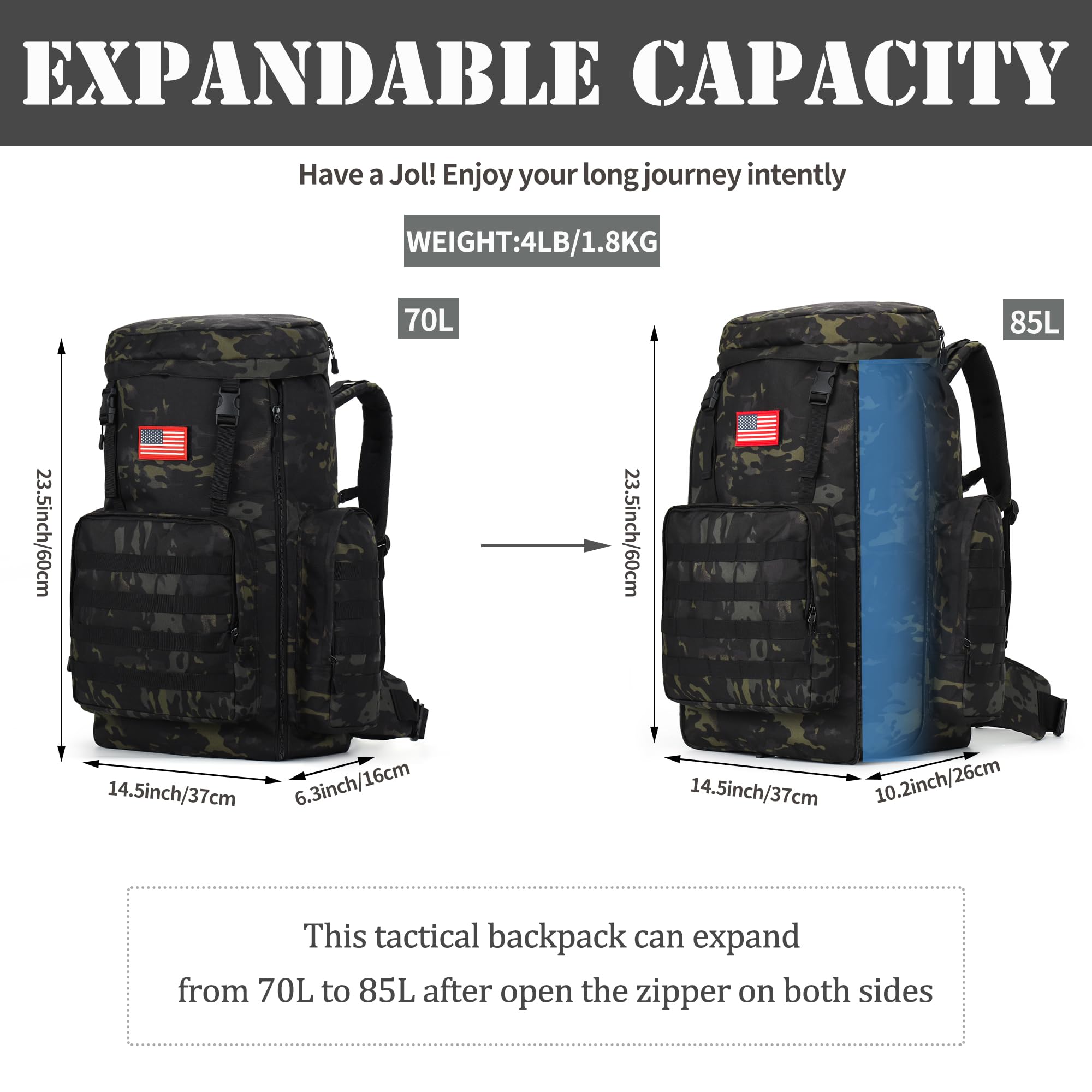 4land Large Backpacking Backpack for Men, Extra Large Camping Hiking Backpack, Oversized Molle Rucksack Backpack, 60L/70L/85L Waterproof Military Backpack for Outdoor Sports