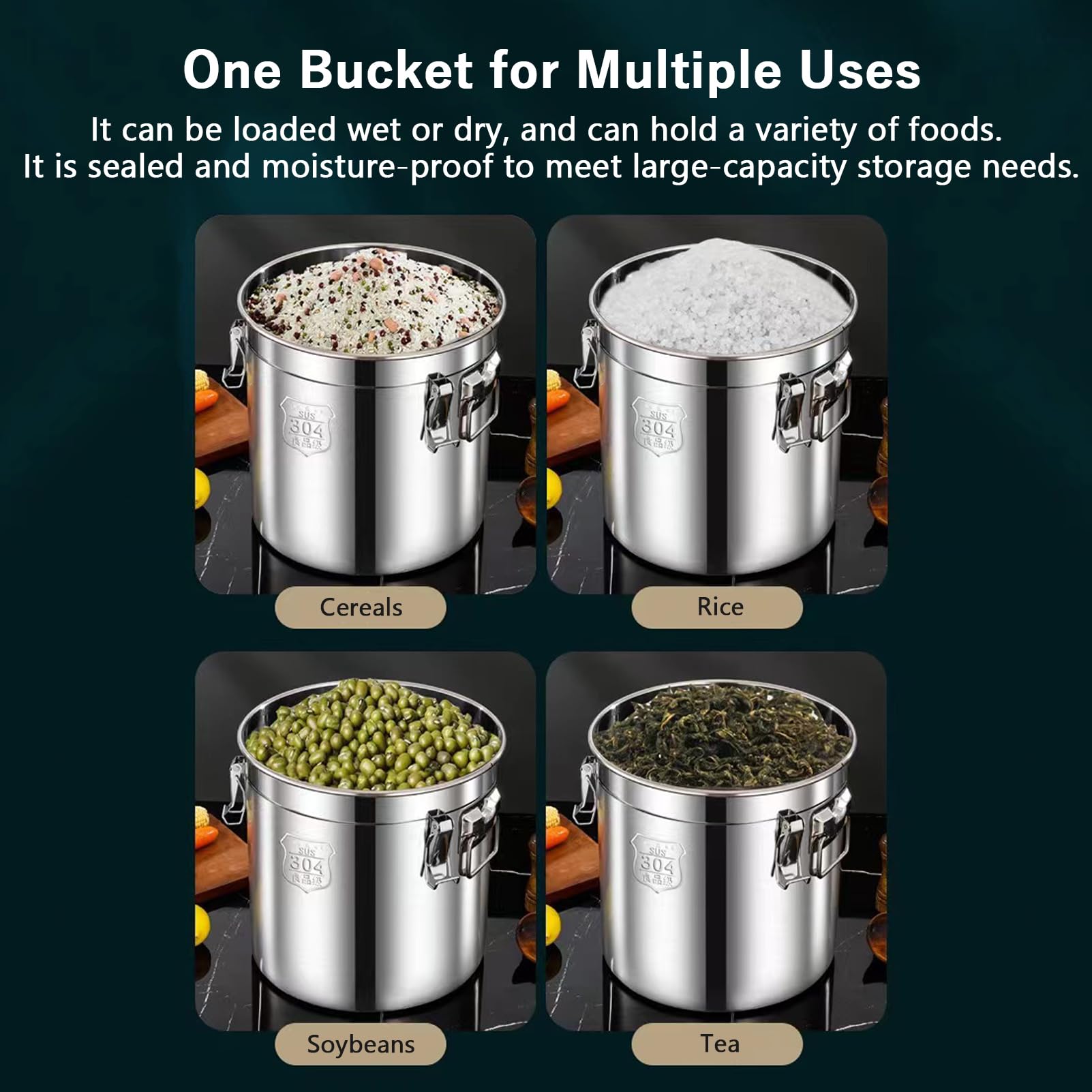 TRAGLO Stainless Steel Cereal Container with Lid and Handles Round Rice Bin Airtight Food Storage Bucket for Home Kitchen Counter 12L