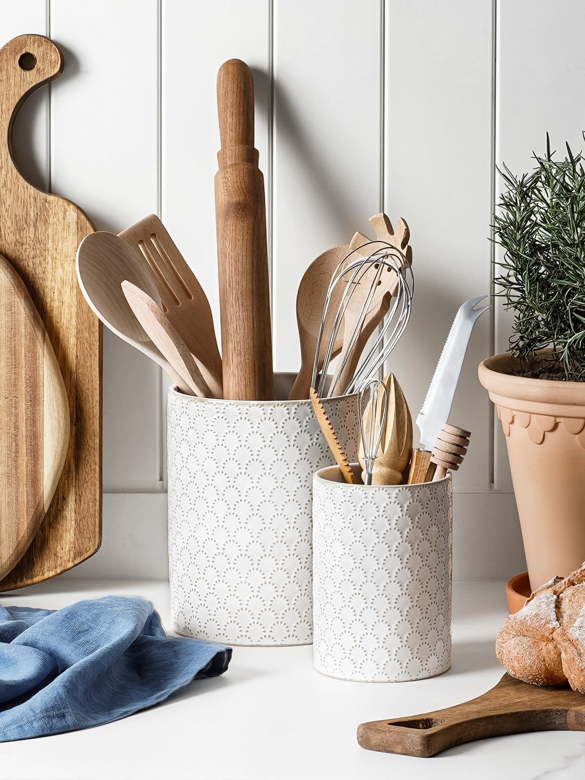 LE TAUCI Utensil Holder, 7.1" Ceramic Kitchen Utensil Holder for Counter top, Embossed Cooking Utensil Organizer for Spatula & Spoon, Kitchen Decor, Set of 1, Arctic White,Fireworks