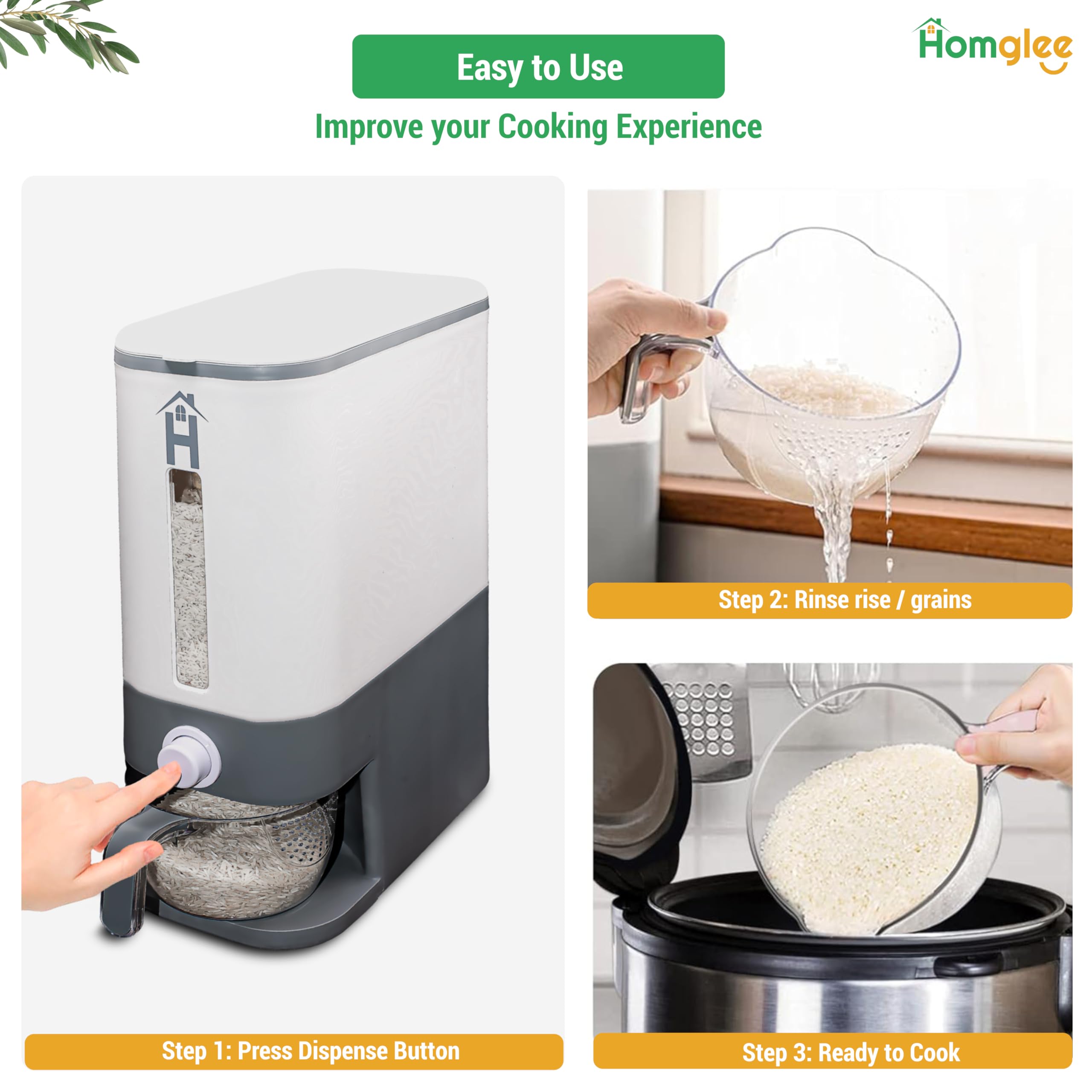 Homglee Rice Dispenser 25 Lbs – Moisture Proof Rice Container with Measuring Cup for Kitchen Pantry – Ideal Rice Storage Container with Lids & Built-in Box for Grains Cereals Soybean Corn – Grey