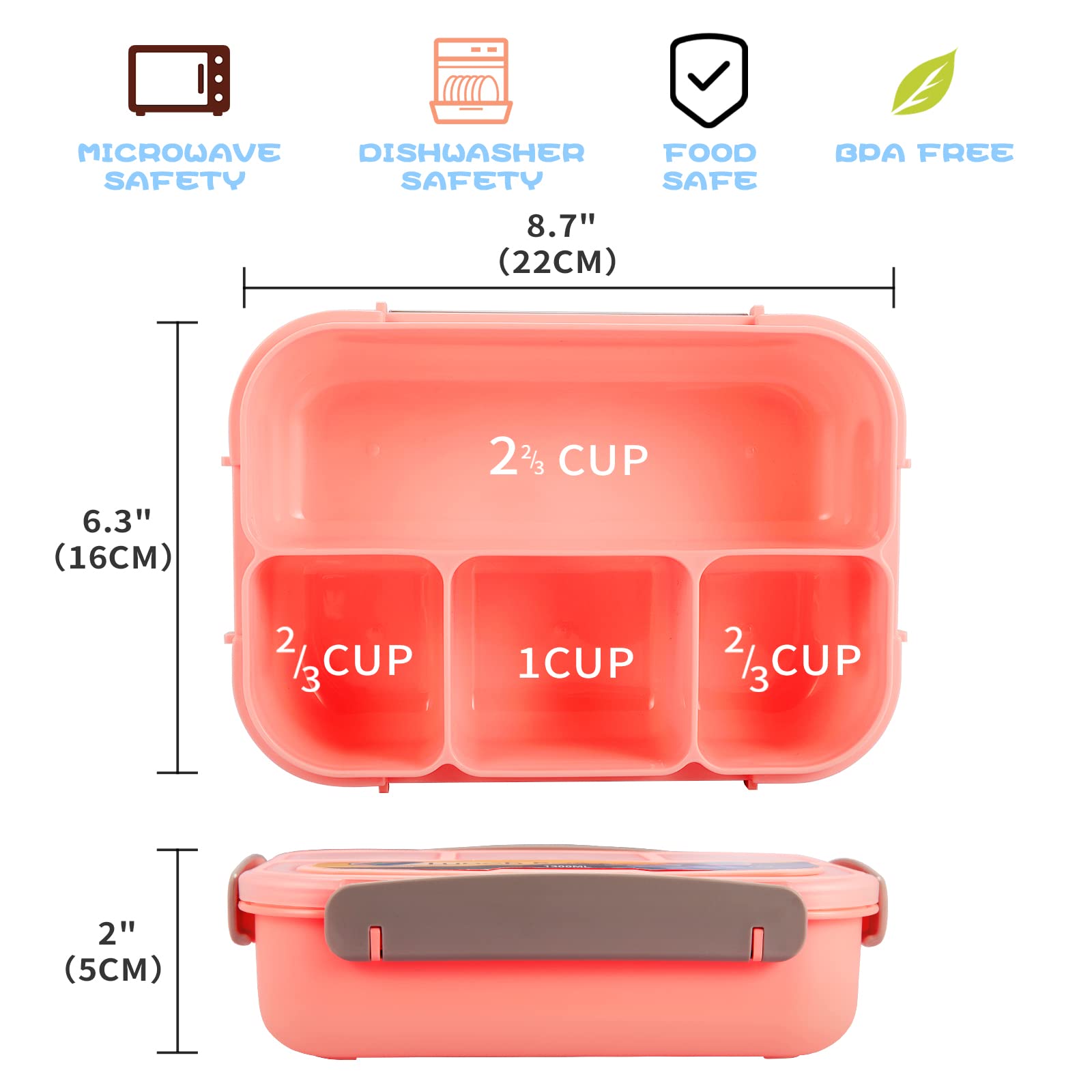 Bento Box Lunch Box, Bento Box Adult Lunch Box, Lunch Containers for Adults/Students, 5 Cup Bento Boxes with 4 Compartments&Fork, Leak-Proof, New and Upgraded Packaging, Pink