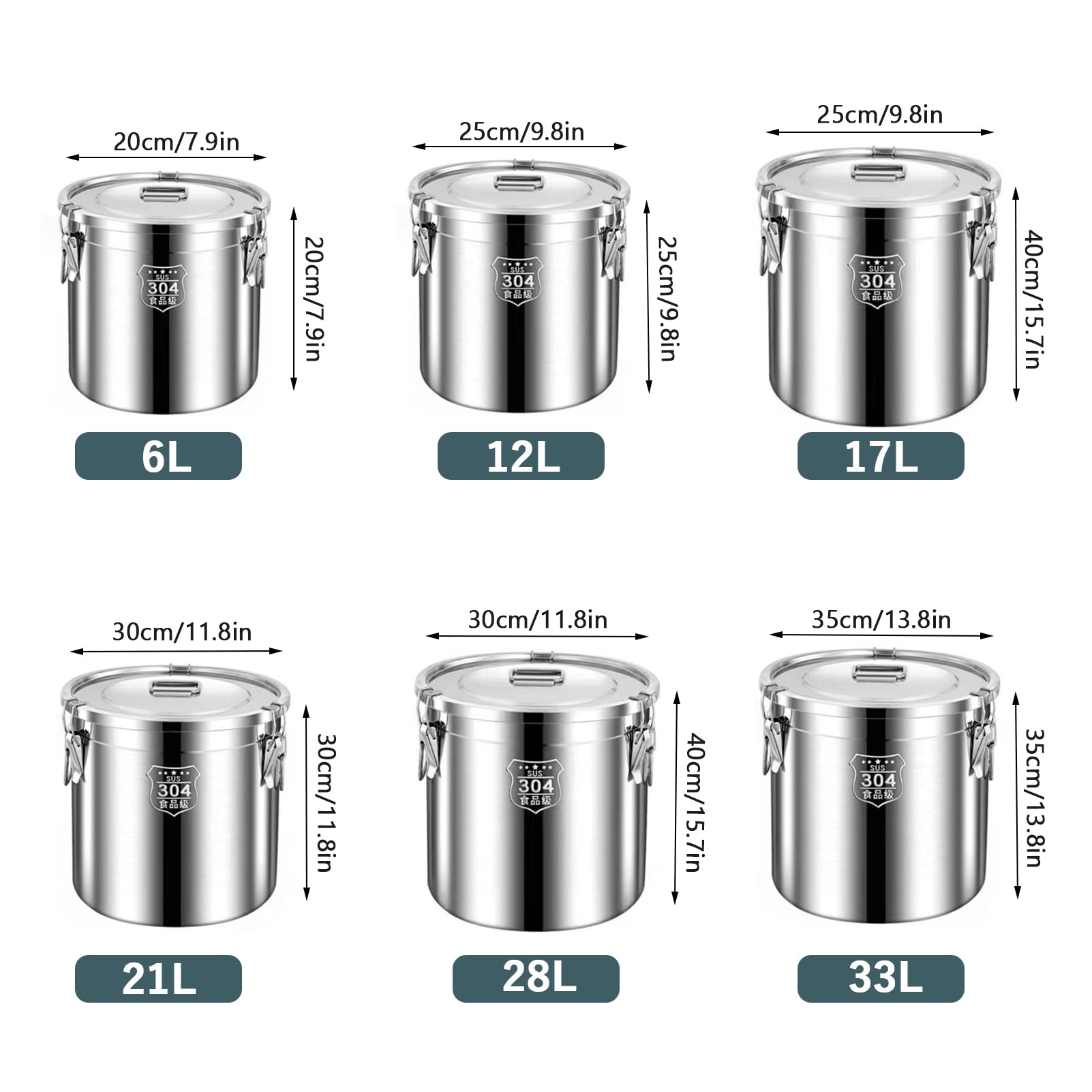 TRAGLO Stainless Steel Cereal Container with Lid and Handles Round Rice Bin Airtight Food Storage Bucket for Home Kitchen Counter 12L