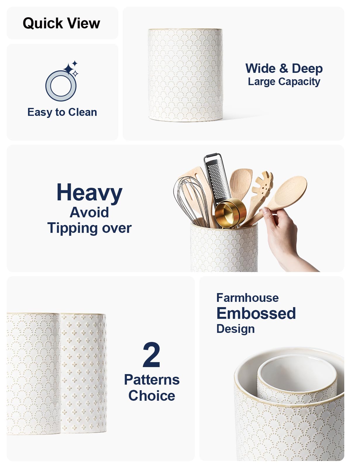 LE TAUCI Utensil Holder, 7.1" Ceramic Kitchen Utensil Holder for Counter top, Embossed Cooking Utensil Organizer for Spatula & Spoon, Kitchen Decor, Set of 1, Arctic White,Fireworks