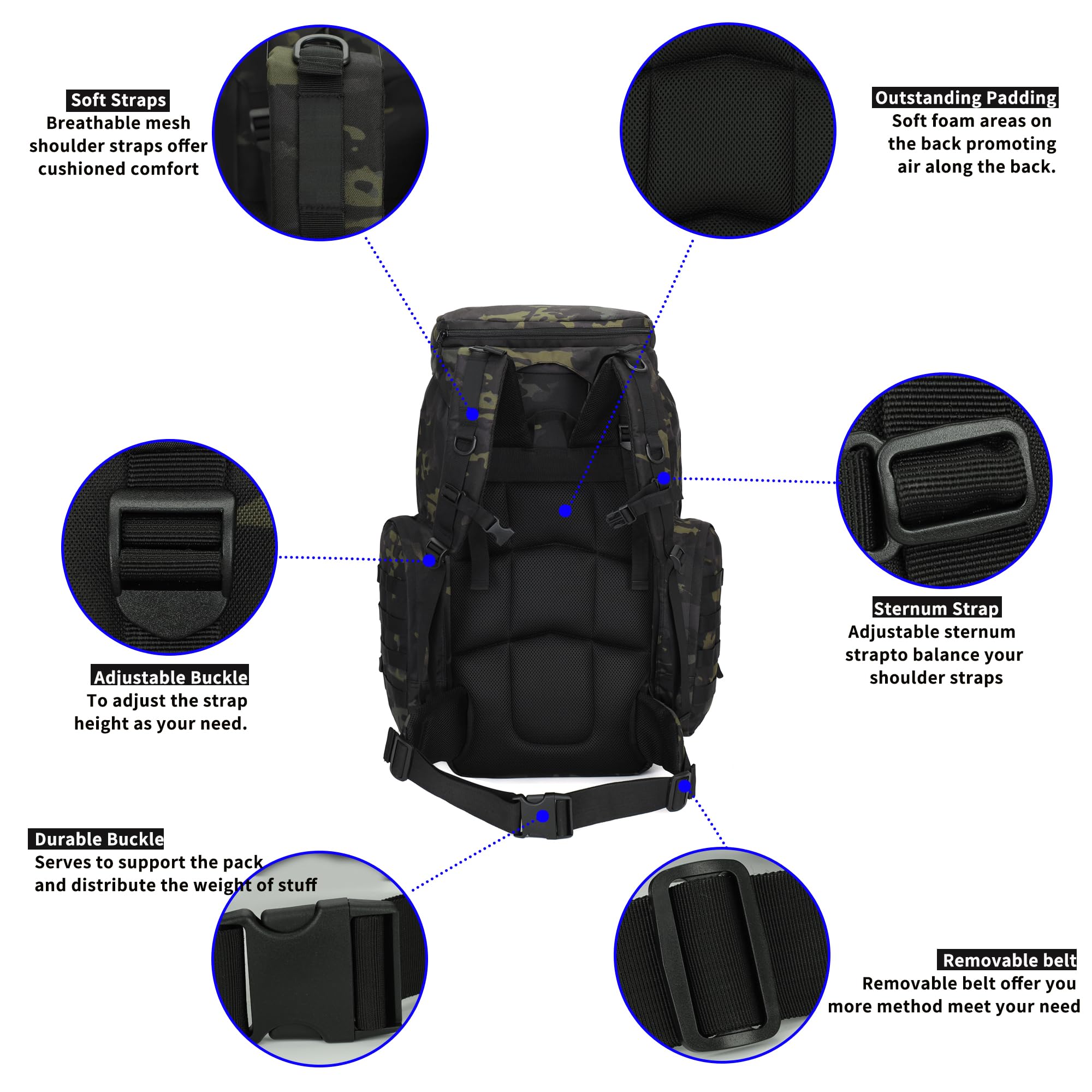 4land Large Backpacking Backpack for Men, Extra Large Camping Hiking Backpack, Oversized Molle Rucksack Backpack, 60L/70L/85L Waterproof Military Backpack for Outdoor Sports